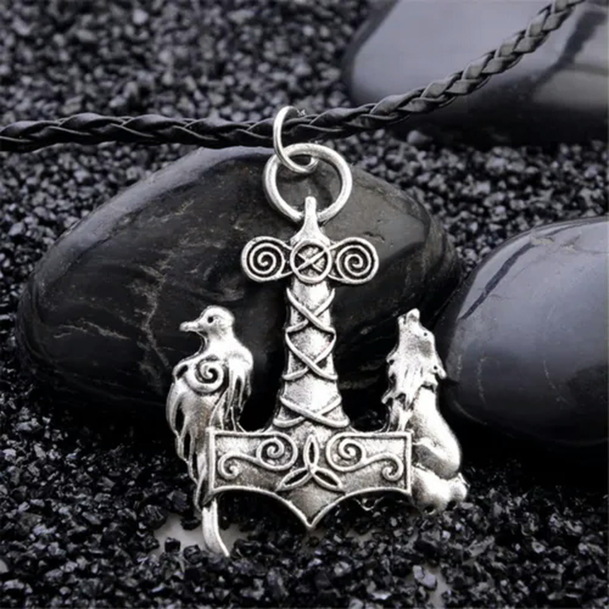 RSAMD Mens Nordic Viking Mjolnir Wolf Crow Pendant Chain Myth Thor's ...