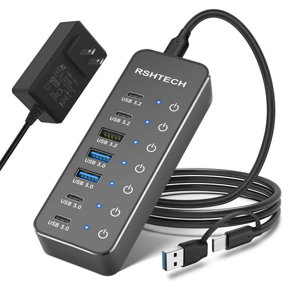 RSHTECH 7-Port Powered USB 3.2/USB-C Hub Splitter with 3 x 10Gbps USB-3 ...