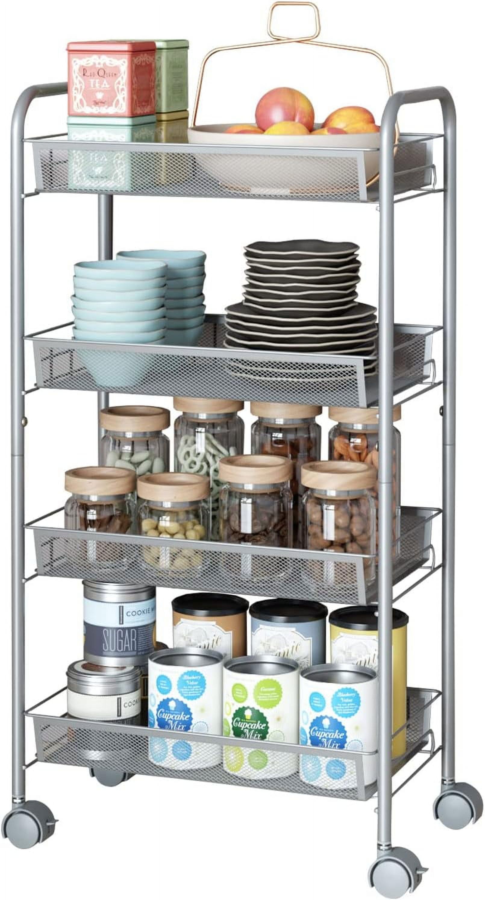RSJH 4-Tier Metal Rolling Cart on Wheels with Baskets,Mesh Storage ...