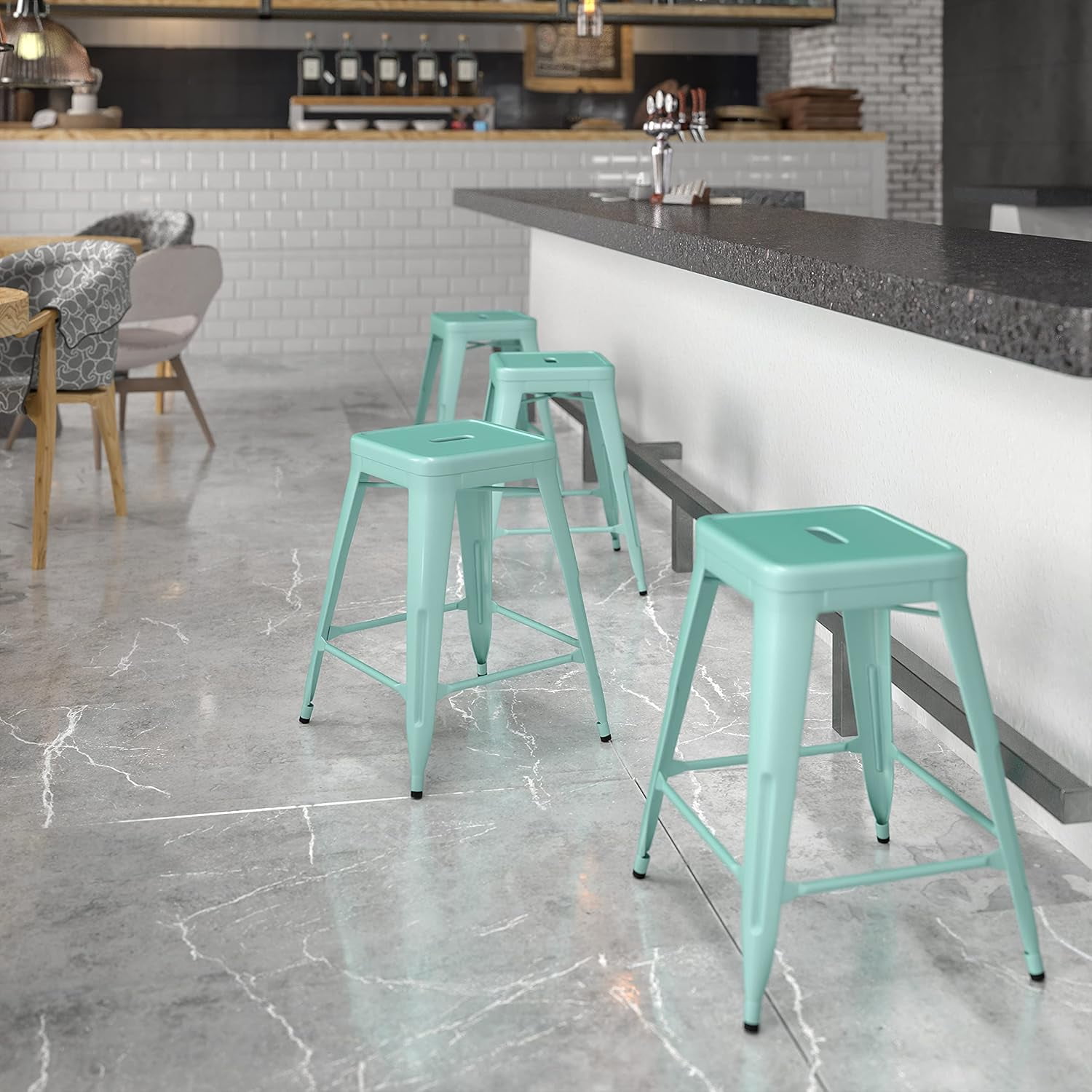 RSJH Commercial Grade 24" H Backless Mint Green Indoor-Outdoor Counter ...