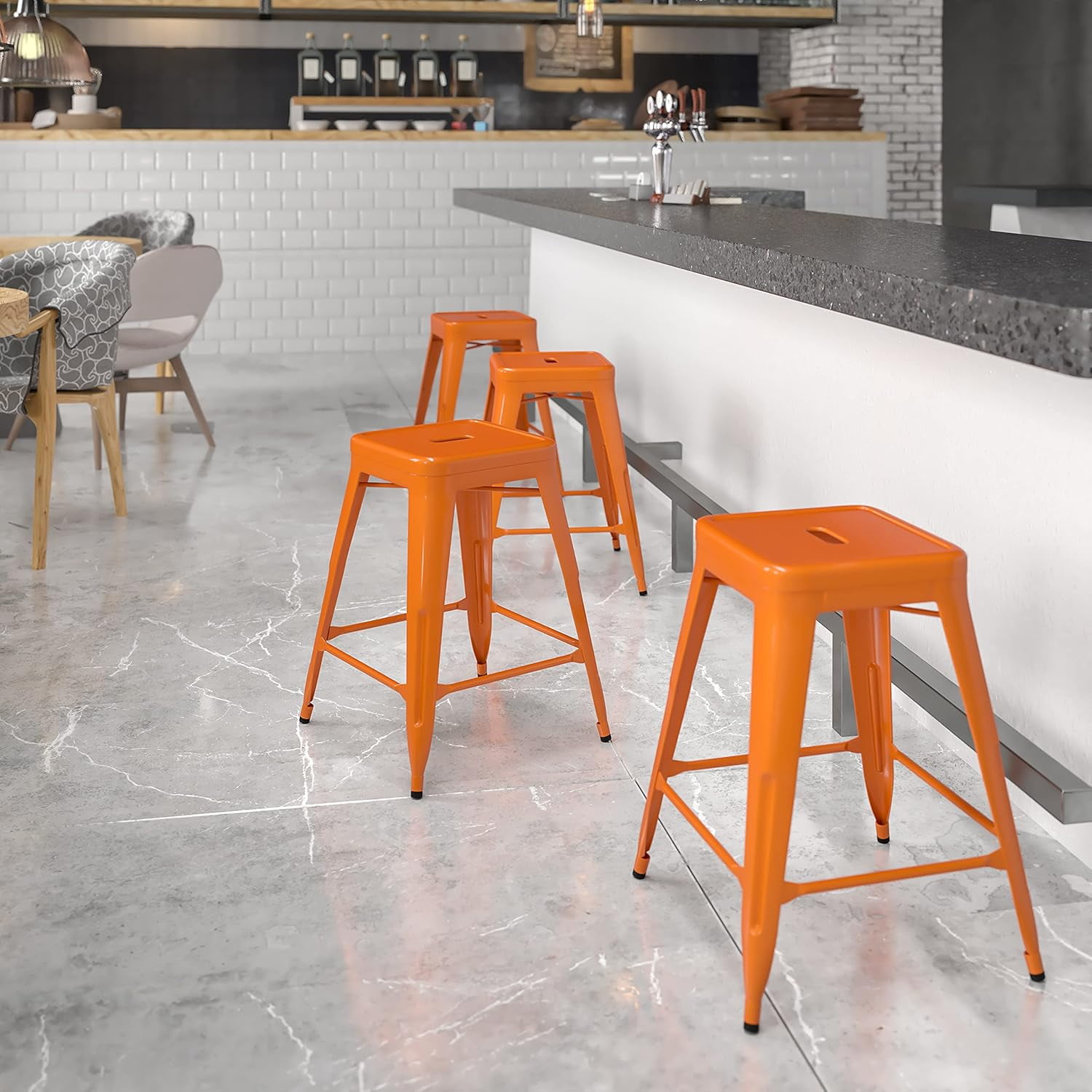 RSJH Commercial Grade 24" H Backless Orange Metal Indoor-Outdoor ...