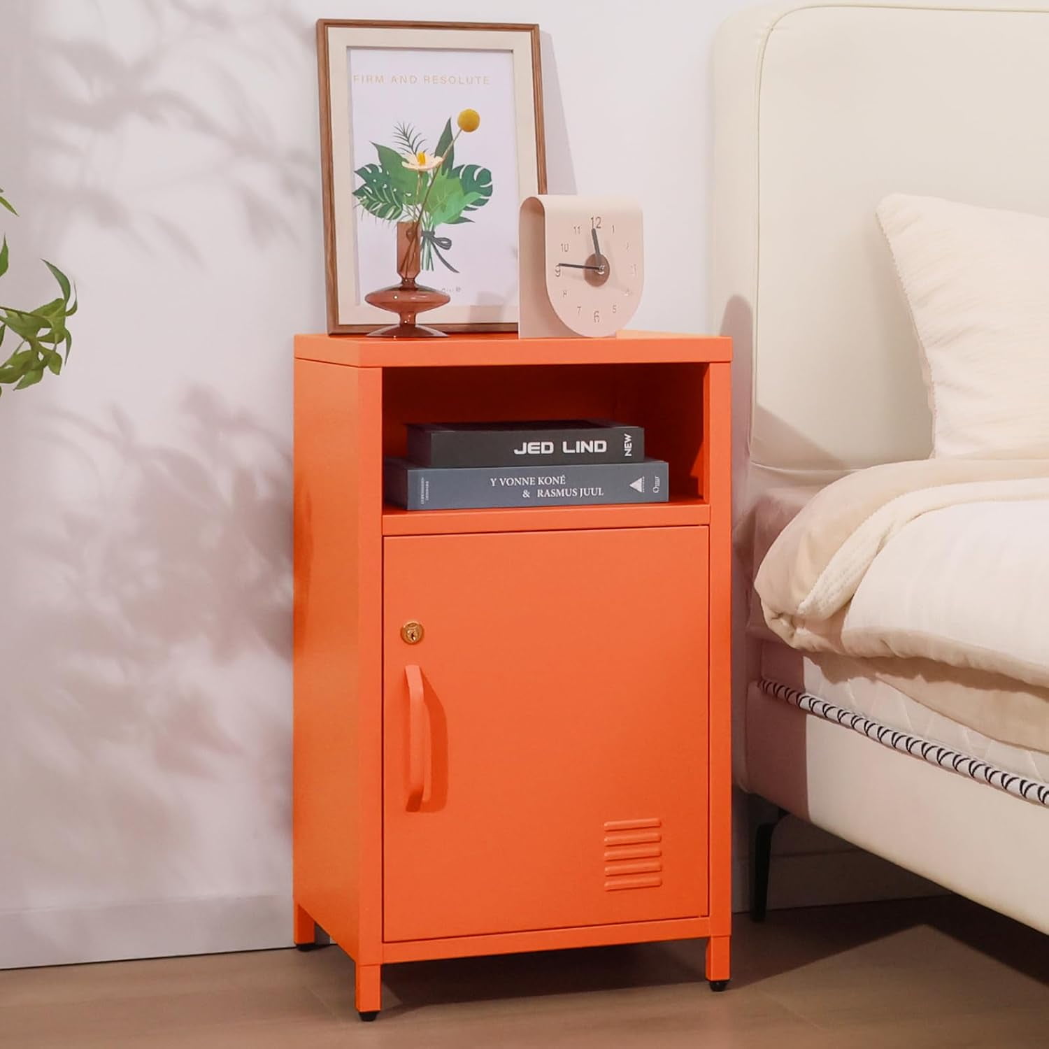 RSJH Compact Metal Nightstand with Lockable Cabinet and Open Shelf ...