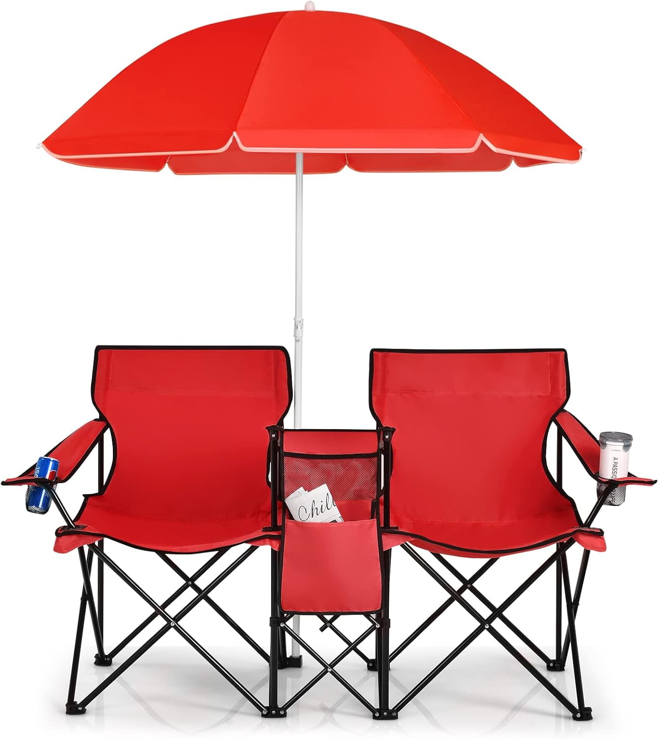 RSJH Double Camping Chair with Umbrella, Folding Loveseat Chairs w ...