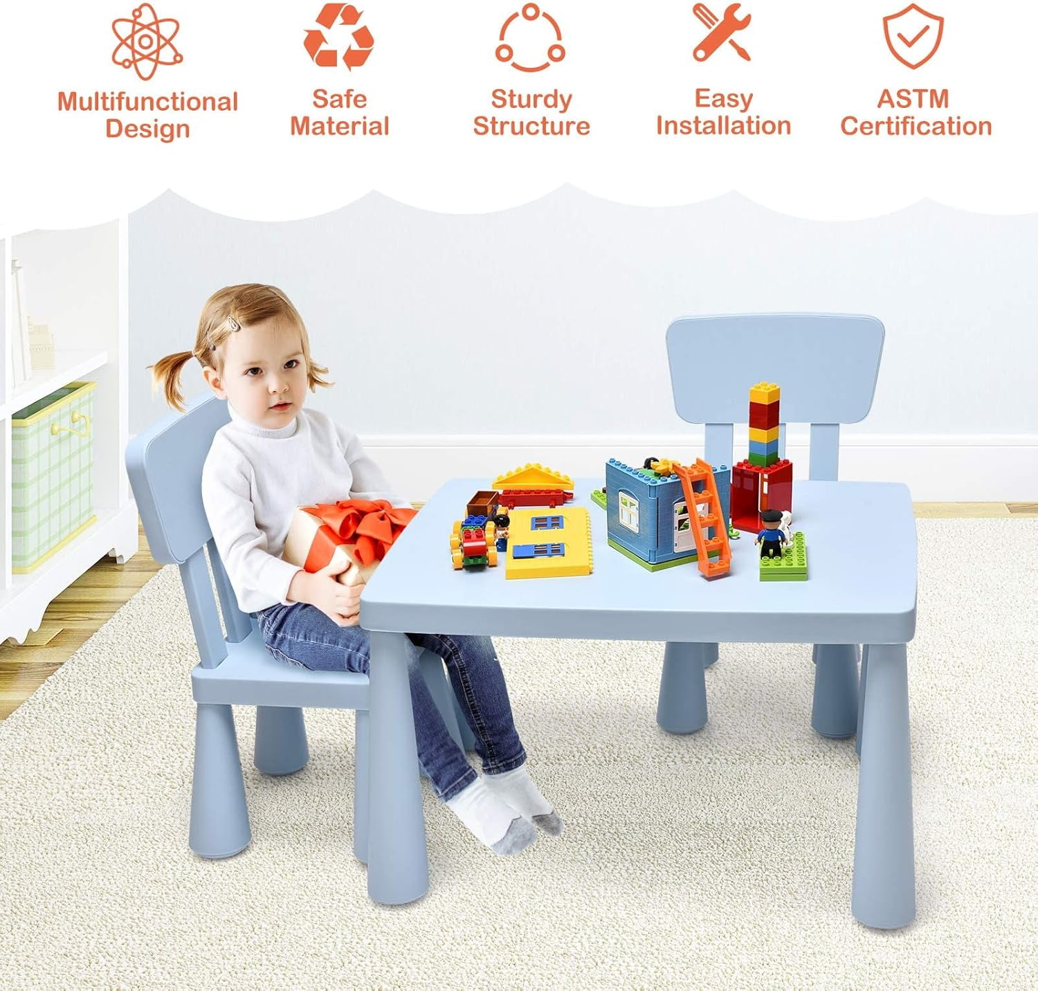 RSJH Kids Table and Chair Set, 3 Piece Plastic Children Activity Table ...