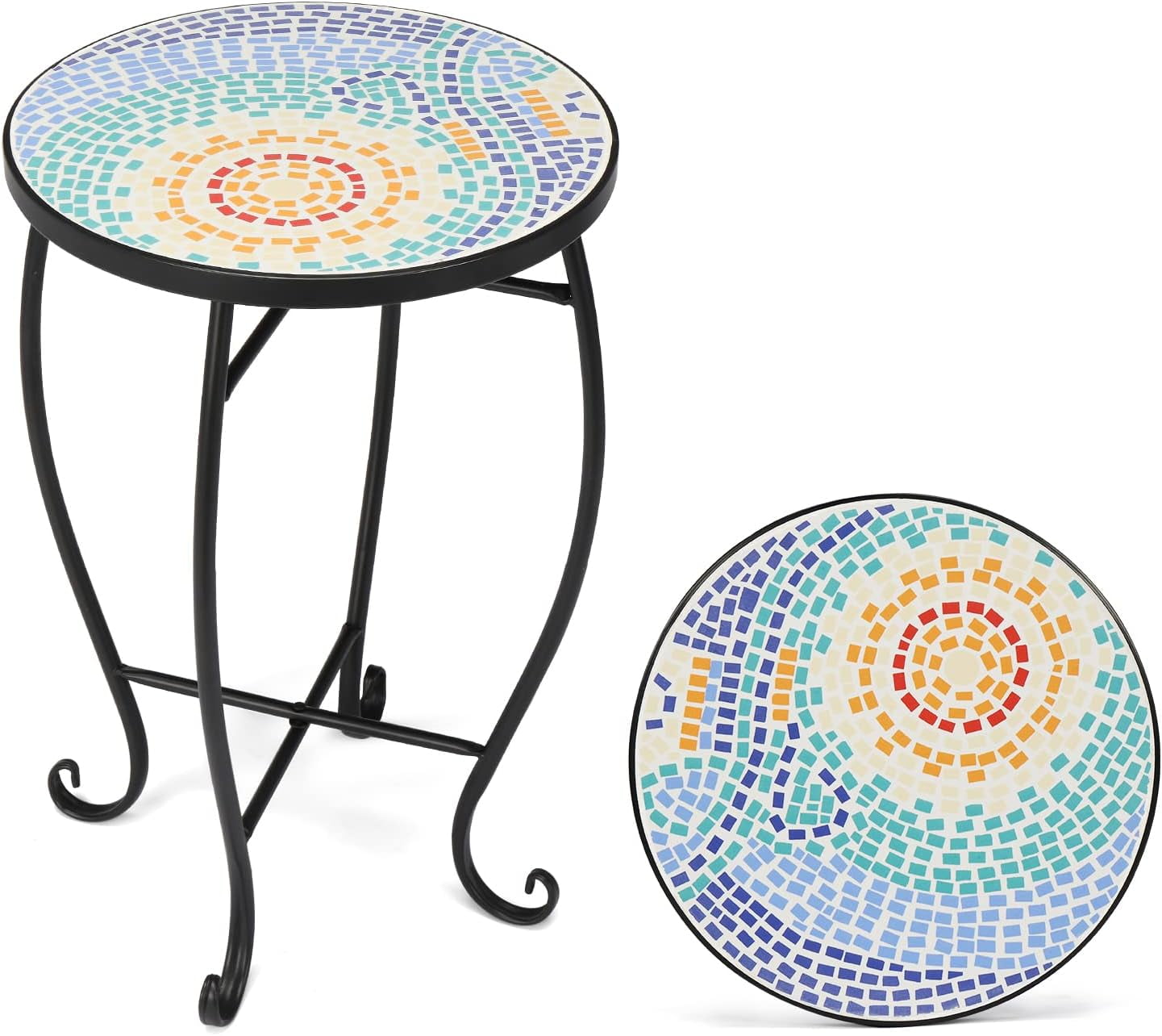 RSJH Mosaic Accent Table, 14" Round Side Table,End Table, Plant Stand Decor for Patio Porch ...