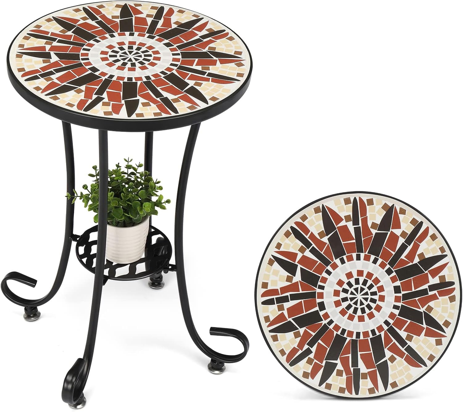 RSJH Mosaic Outdoor Side Table, 14" Round End Table, Accent Table, Ceramic Tile Top Black Iron ...