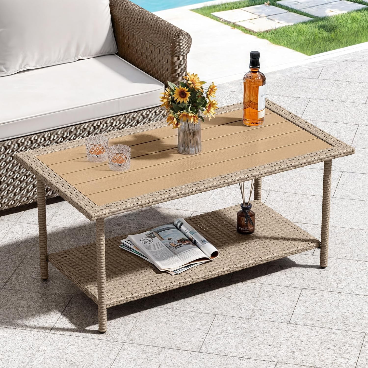 RSJH Outdoor Wicker Coffee Table with 2-Layer, 39.4" Rectangle Outside ...