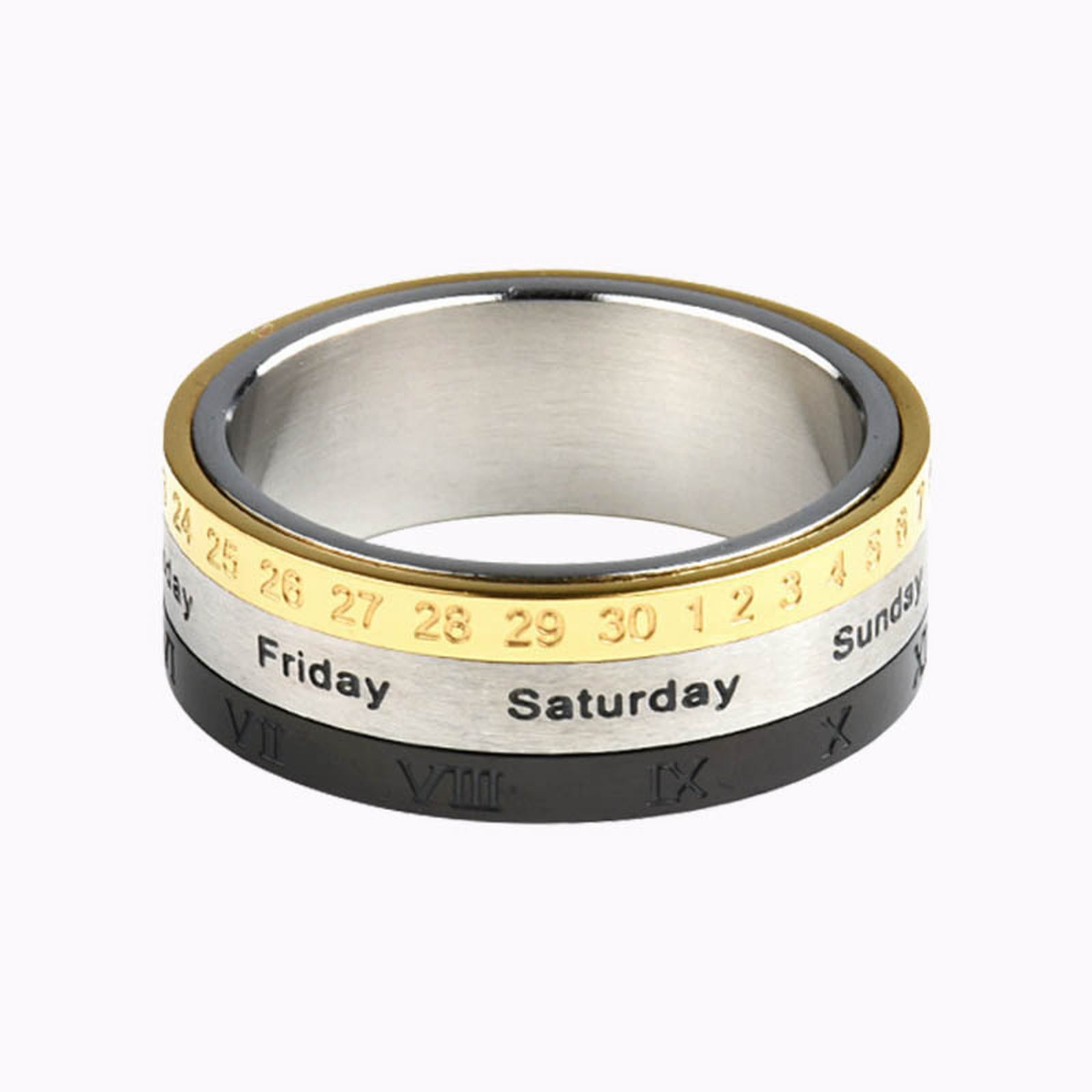 RSKK Rotating Roman Script Three Color Calendar Stainless Ring Time ...