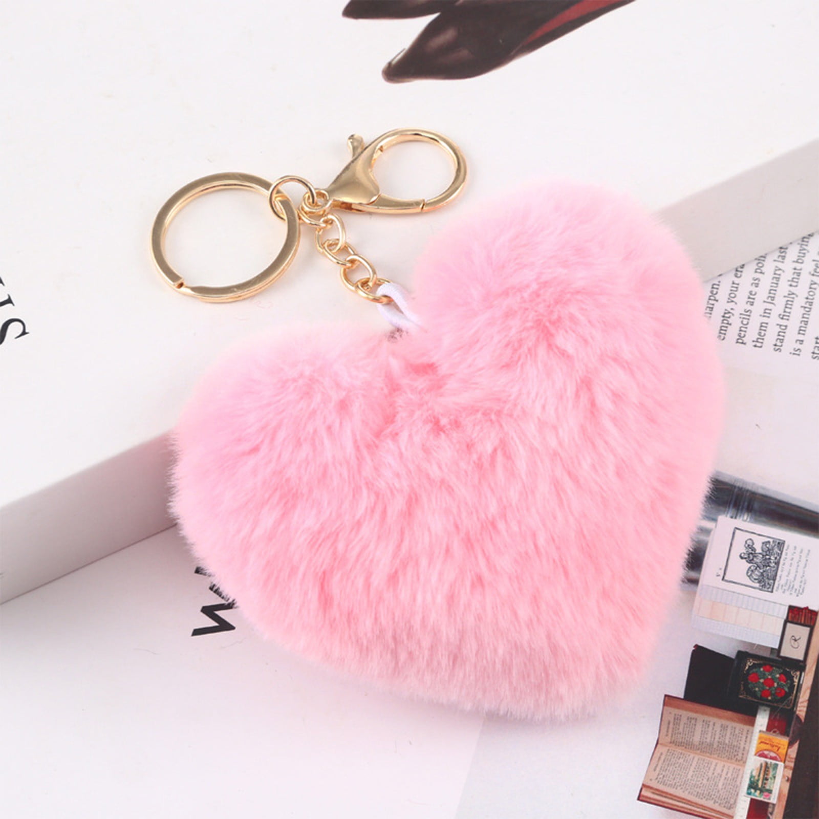 RSKTN Plush Keychain Heart Faux Fur Pom Pom Key Chains Bag Accessory ...