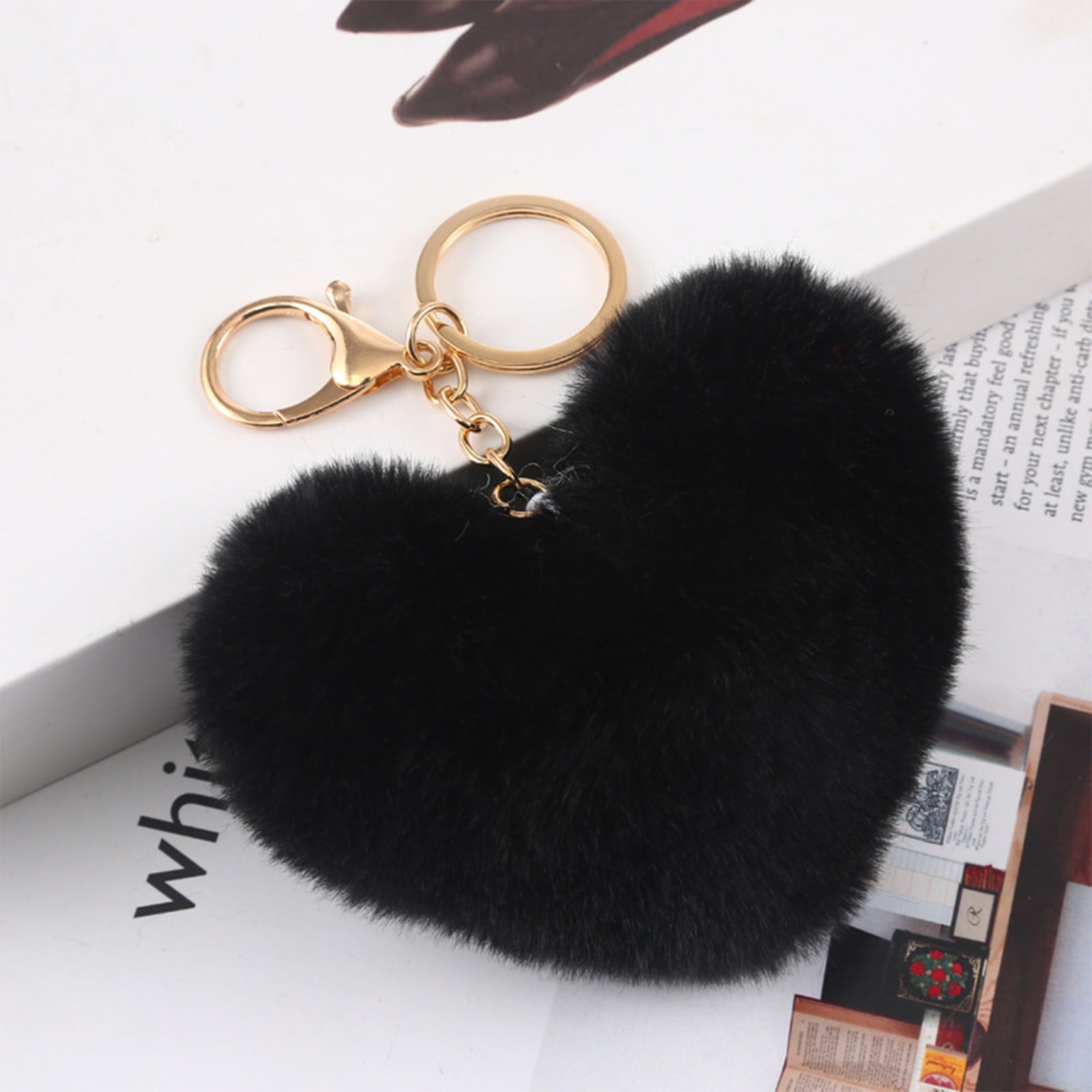 RSKTN Plush Keychain Heart Faux Fur Pom Pom Key Chains Bag Accessory ...