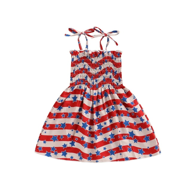 RSRZRCJ 4th of July Toddler Baby Girl Dress Strap American Flag A-Line Dress Summer Little Girls ...