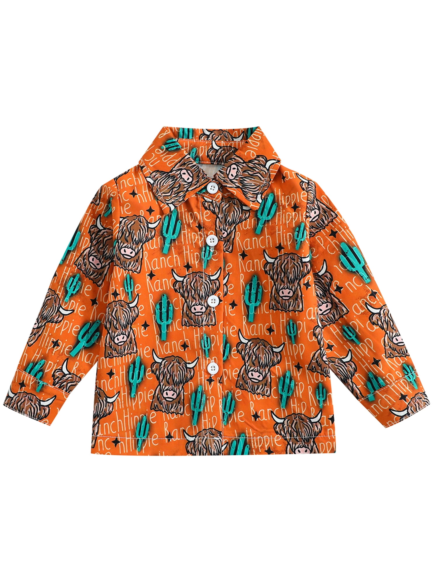 RSRZRCJ Toddler Baby Boys Western Shirt Casual Cow's Head Print Long Sleeve Button Down Shirt ...