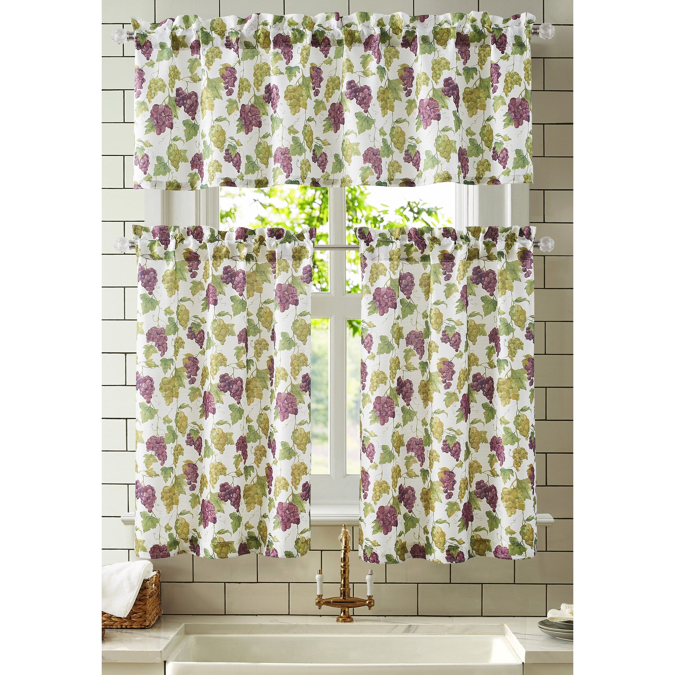 RT Designer's Collection Tribeca Grapes Printed Slub 3 Pieces Kitchen Curtain Includes 1 Valance ...