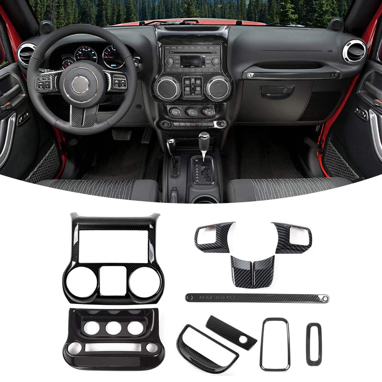 RT-TCZ for Jeep JK RRF12 Interior Trim Kit Black, JKU Center Console Dashboard Panel Trim Cover ...