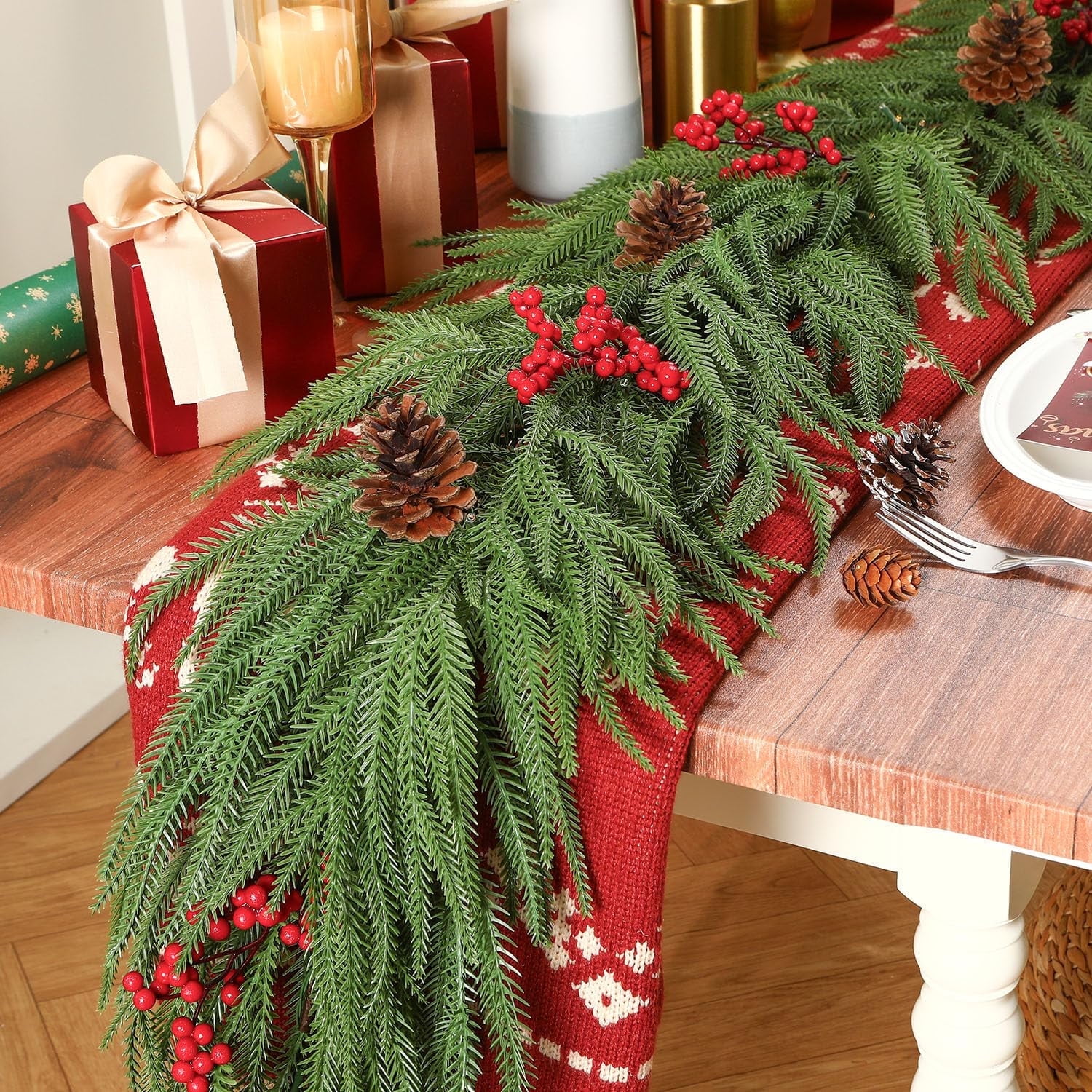 RTB-SHareconn 6FT Christmas Garland Prelit Faux Decorations, Realistic Green Norfolk Pine ...