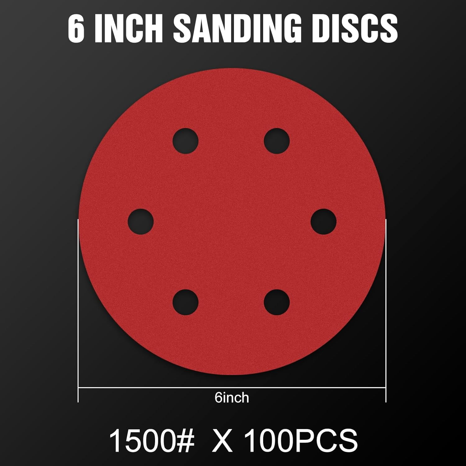 RTHG-100 Pcs 6 inch Sanding Discs 1500 Grit 6 Hole Hook and Loop Round ...
