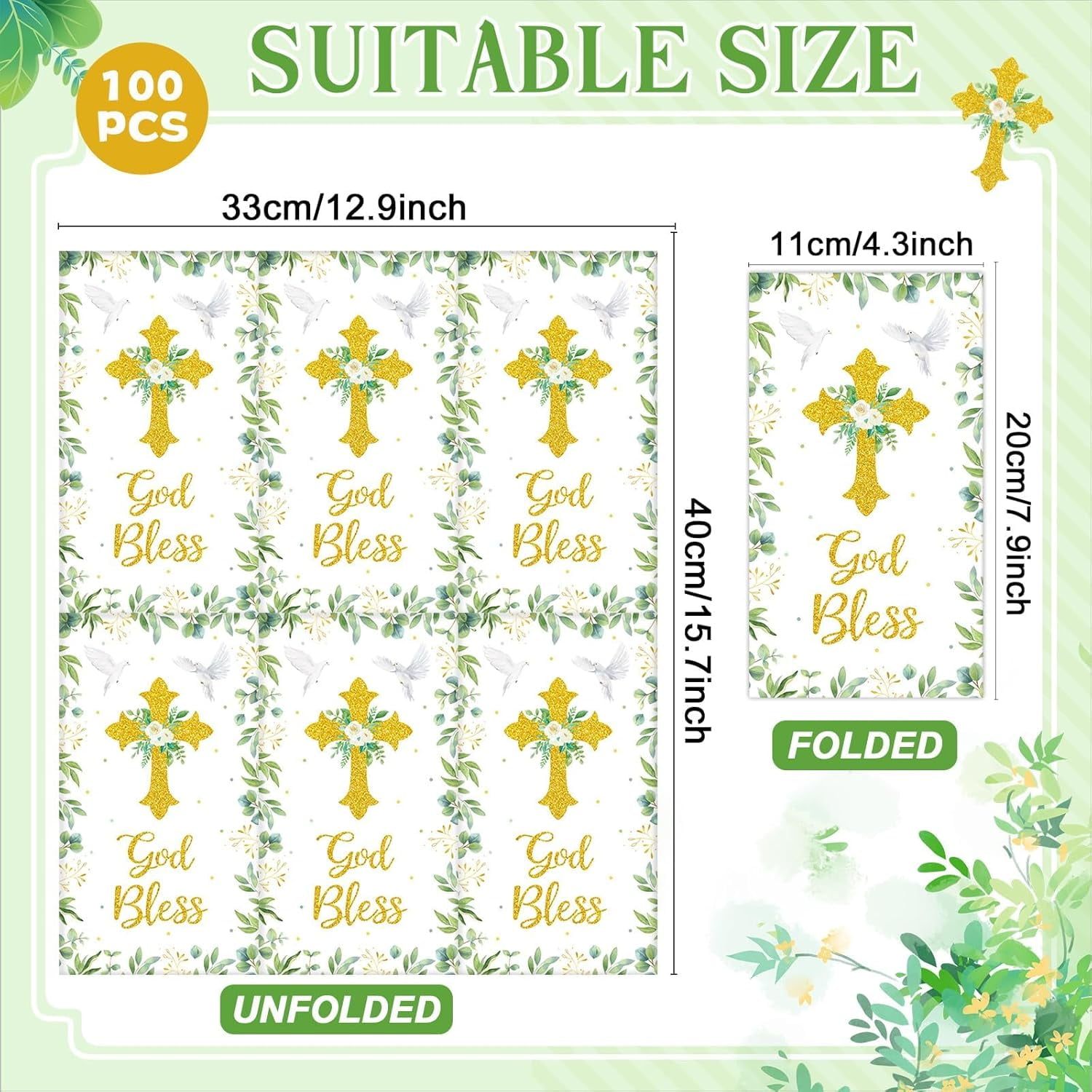 RTHG-100Pcs Greenery Religious Paper Napkins Baptism Cross Guest Towel ...
