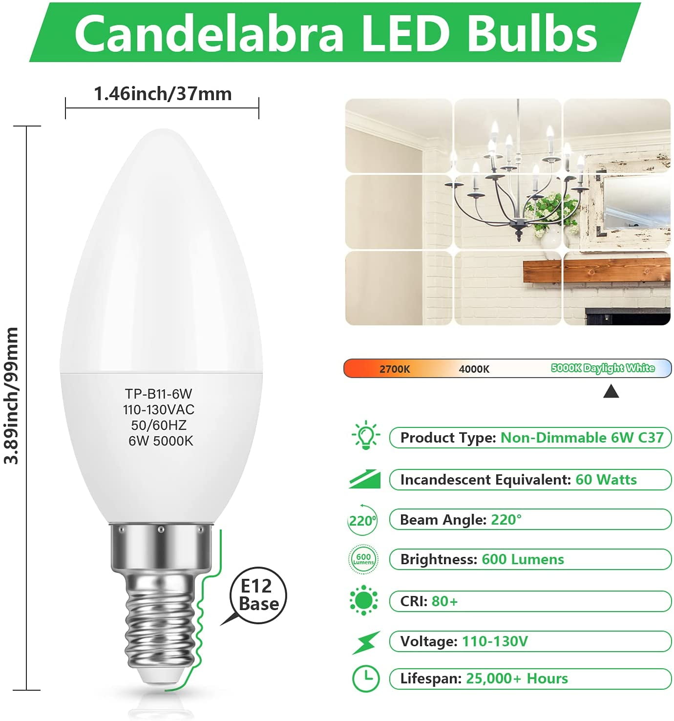 RTHG-12-Pack E12 Candelabra LED Bulbs 60W Equivalent, 6W 600 LM ...