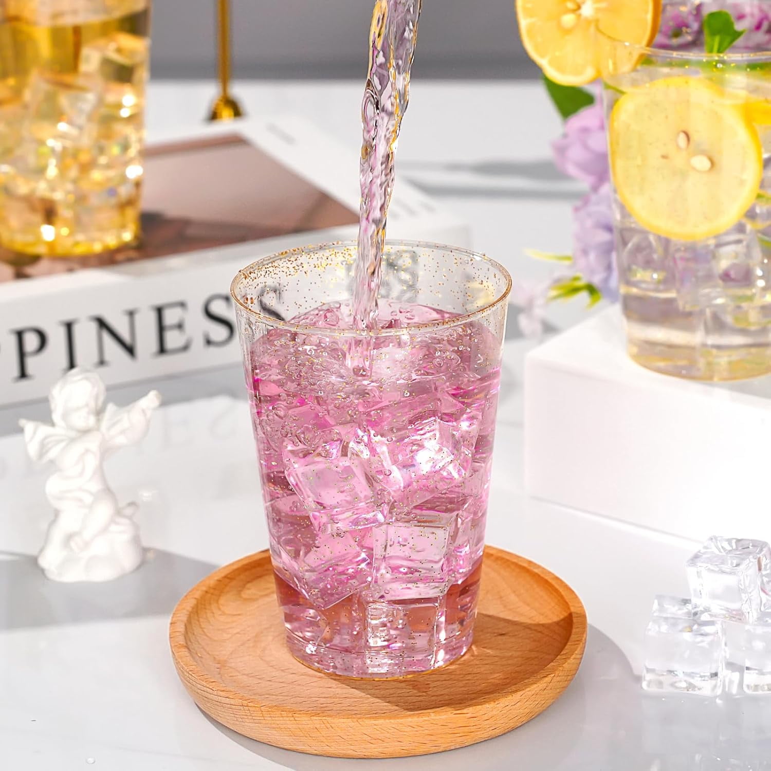 RTHG-12 oz 50 PCS Gold Glitter Plastic Cups, Disposable Glitter Cups ...