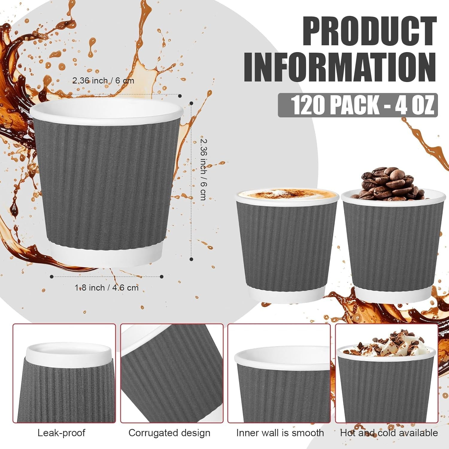 RTHG-120 Pack Paper Espresso Coffee Cups, 4 oz Disposable Coffee Cups ...