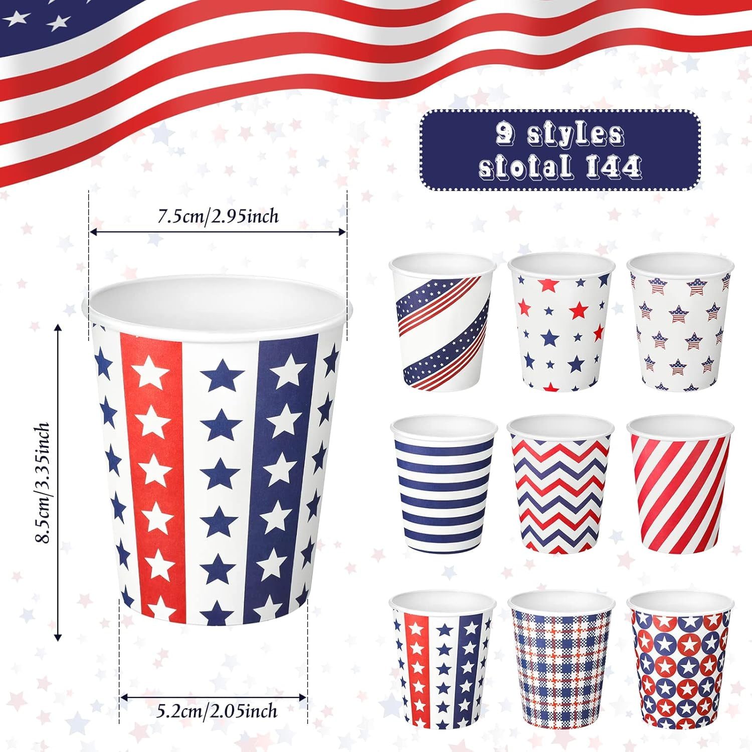 RTHG-144 Pcs American Flag Cups 8 oz Patriotic Paper Cups 4th of July ...