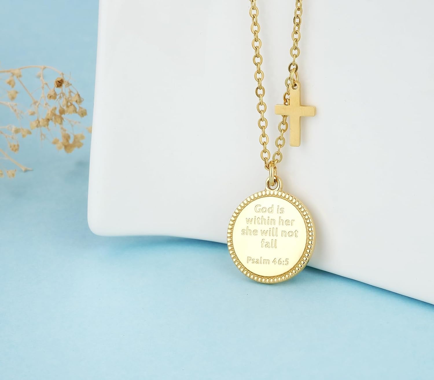 RTHG-14K Gold Plated Engraved Coin Pendant Necklace for Women Christian ...