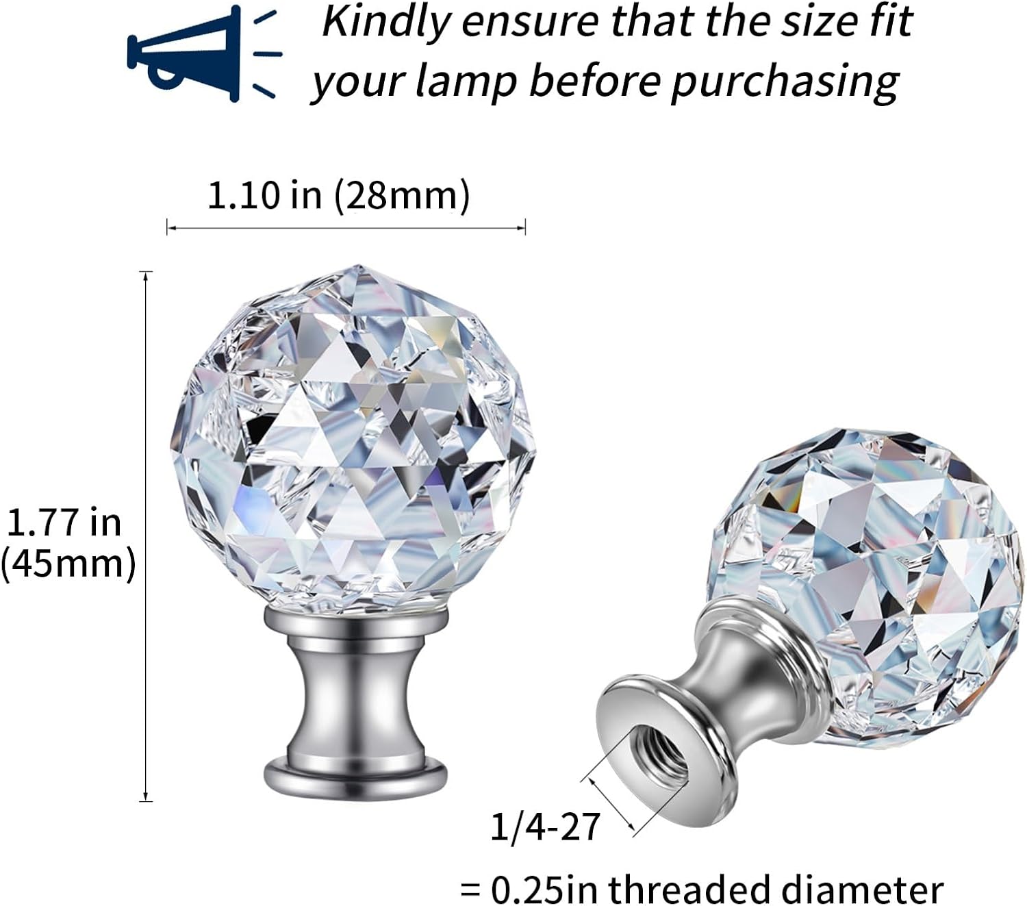 RTHG-2 Pack Lamp Finials, 1/4-27 Inch Base Threaded Diamond Crystal ...