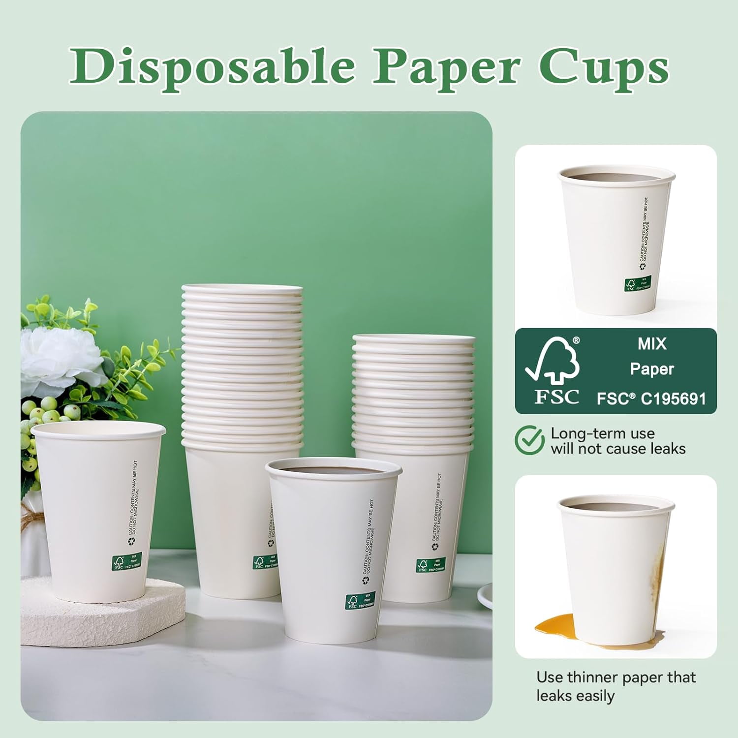 RTHG-200 Pack 12 oz Disposable Paper Coffee Cups, White FSC Hot Coffee ...
