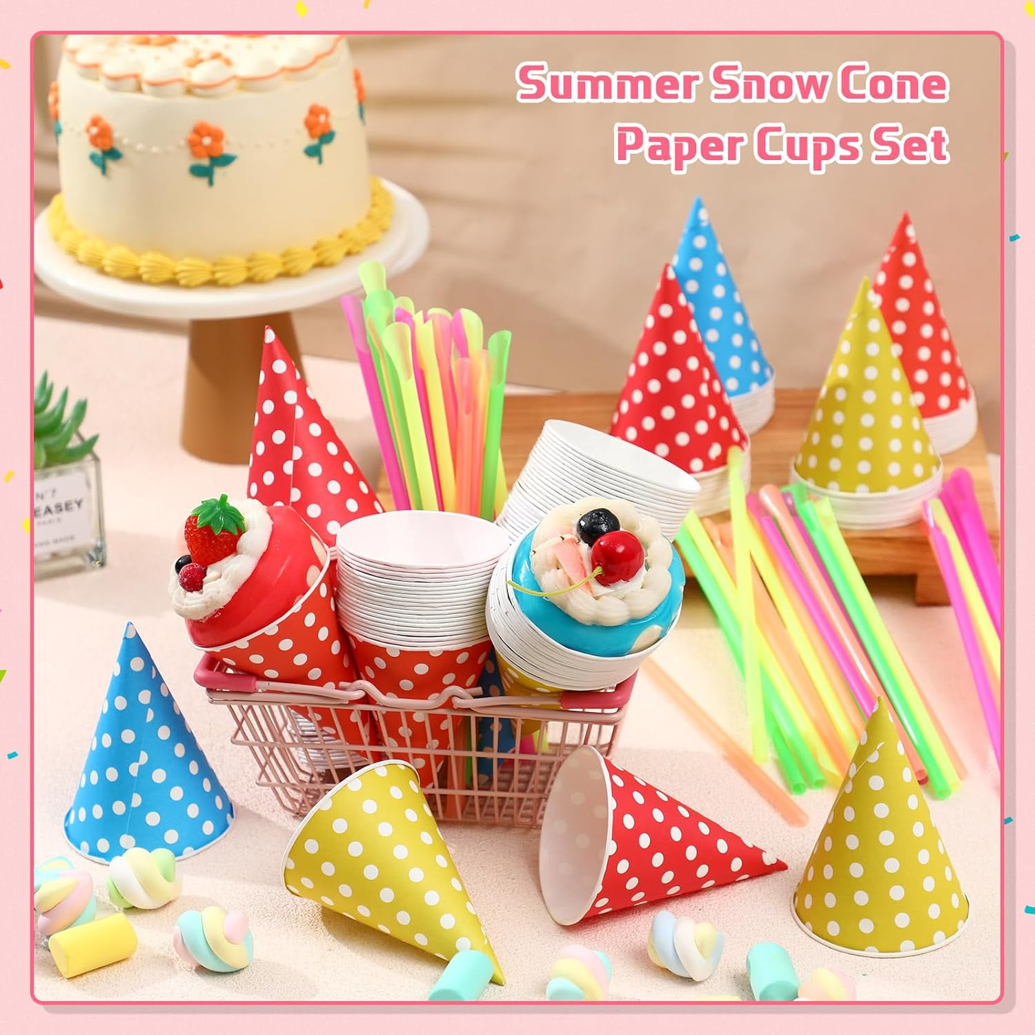 RTHG-200 Pcs Snow Cone and Straws Cone Cups 4.5 oz Spoon Straws ...