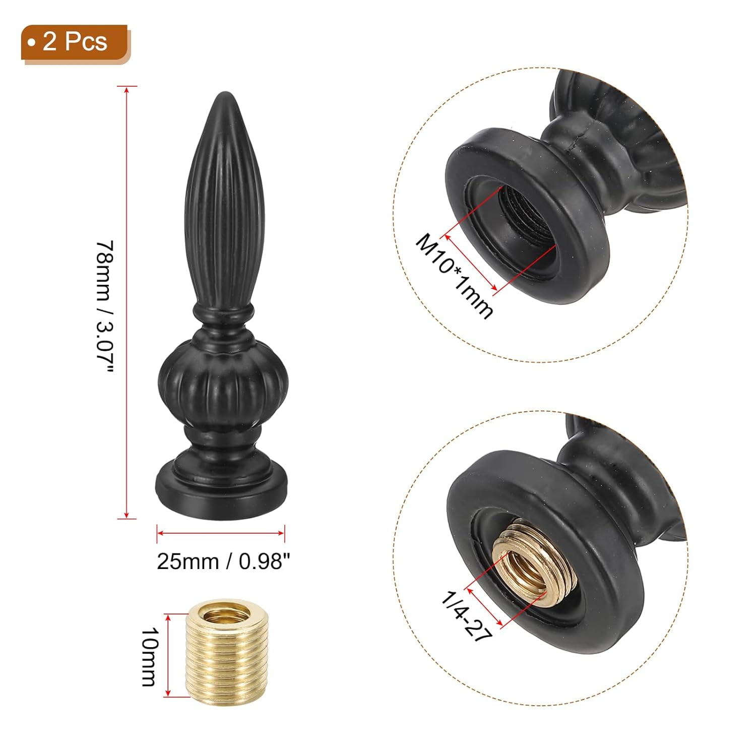 RTHG-25mm Lamp Shade Finial, 2 Pcs Lamp Finials Caps Knob M10x1mm Threaded Base Aluminum Solid ...