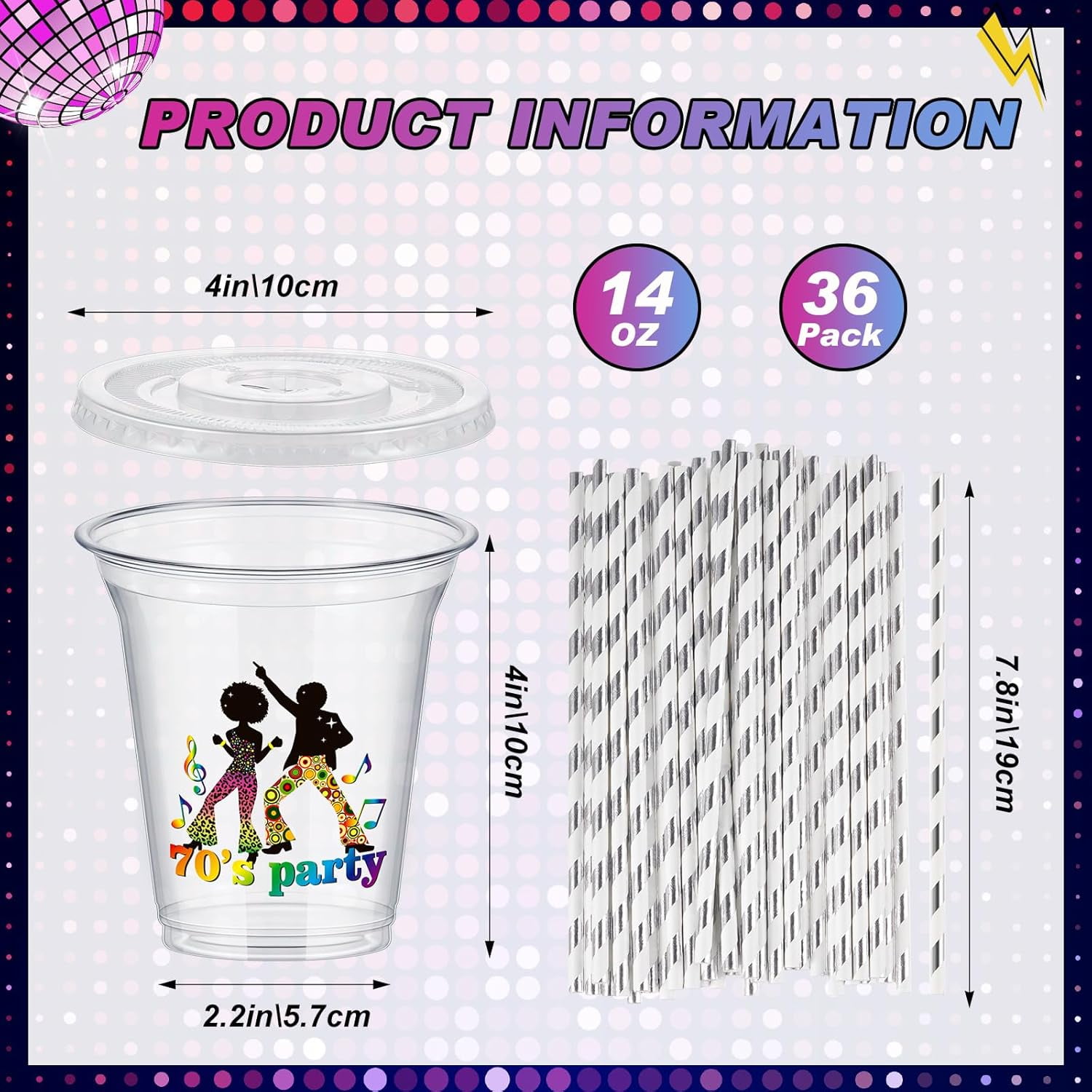 RTHG-36 Sets 70s Disco Cups with Lids and Paper Straws 14 oz Disco ...
