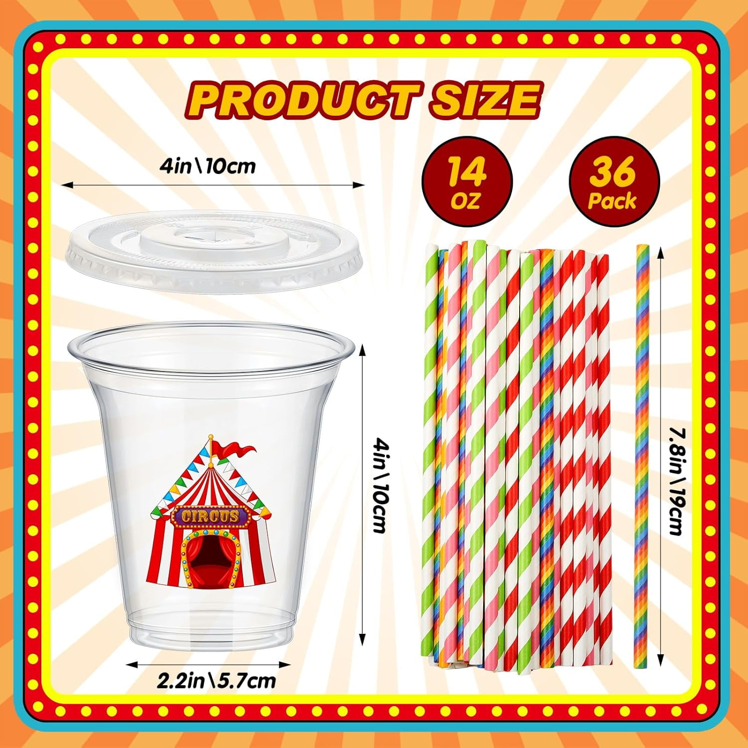 RTHG-36 Sets Circus Carnival Cups with Lids and Paper Straws 14 oz Circus Carnival Birthday ...