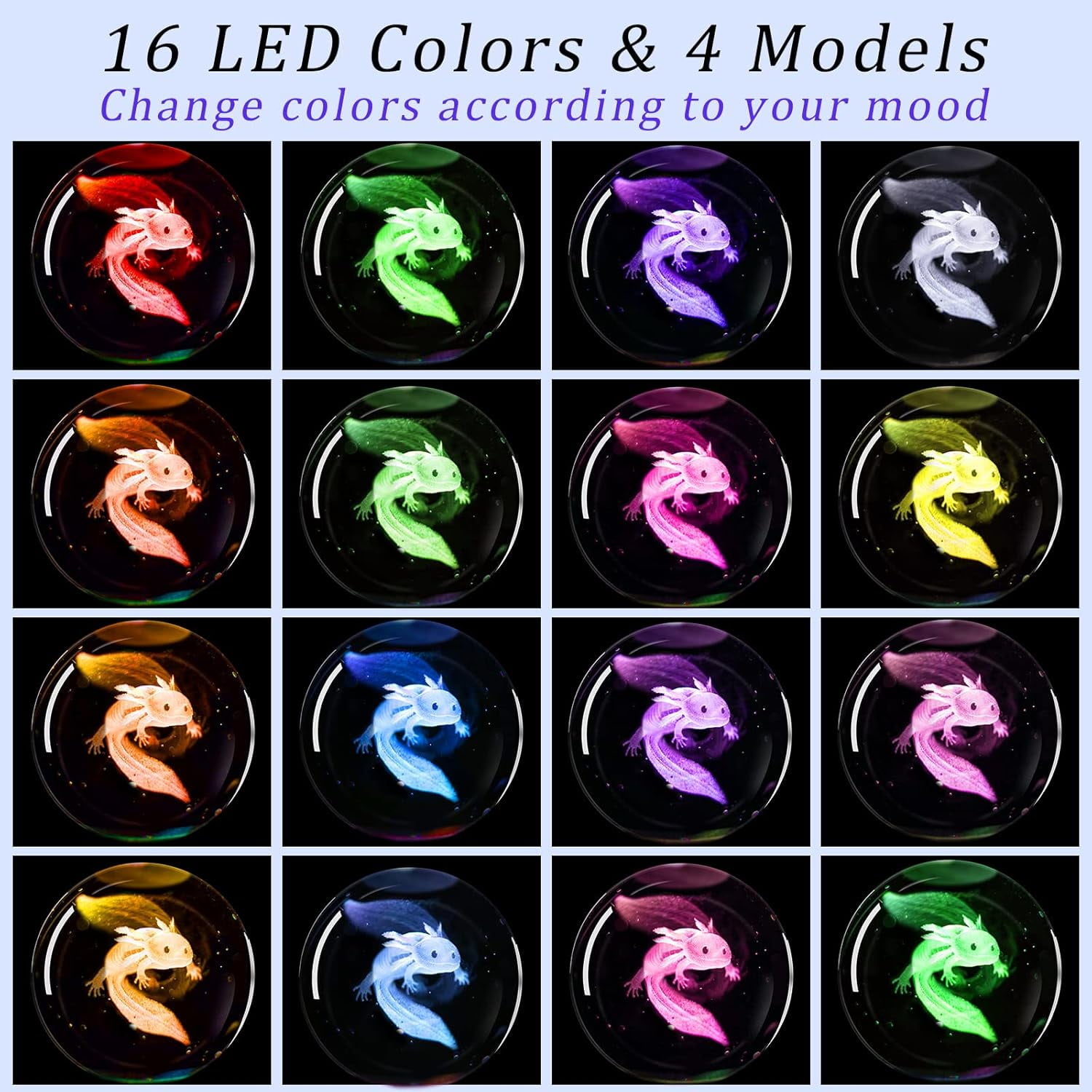 RTHG-3D Axolotl Crystal Ball Night Light with 16 Color LED Wooden Base ...