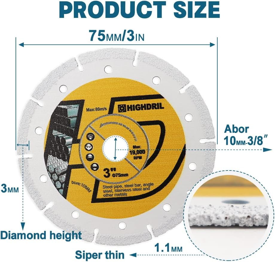 RTHG-3Pcs Diamond Cutting Wheel,3In/75mm x Arbor 3/8Inch/10mm for Metal ...