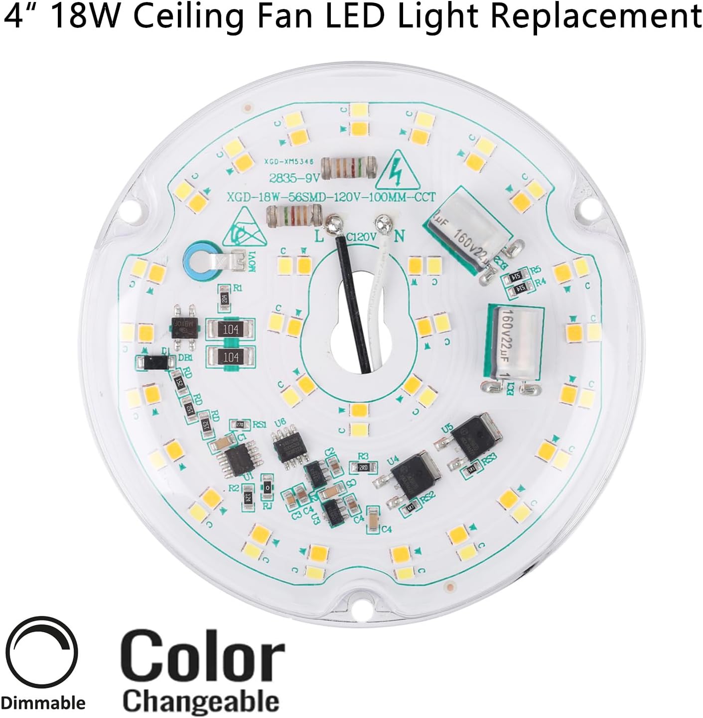 RTHG-4" 18W Color Changeable Ceiling Fan LED Light Replacement, 120V 90Ra 1800LM 3000K 4500K ...