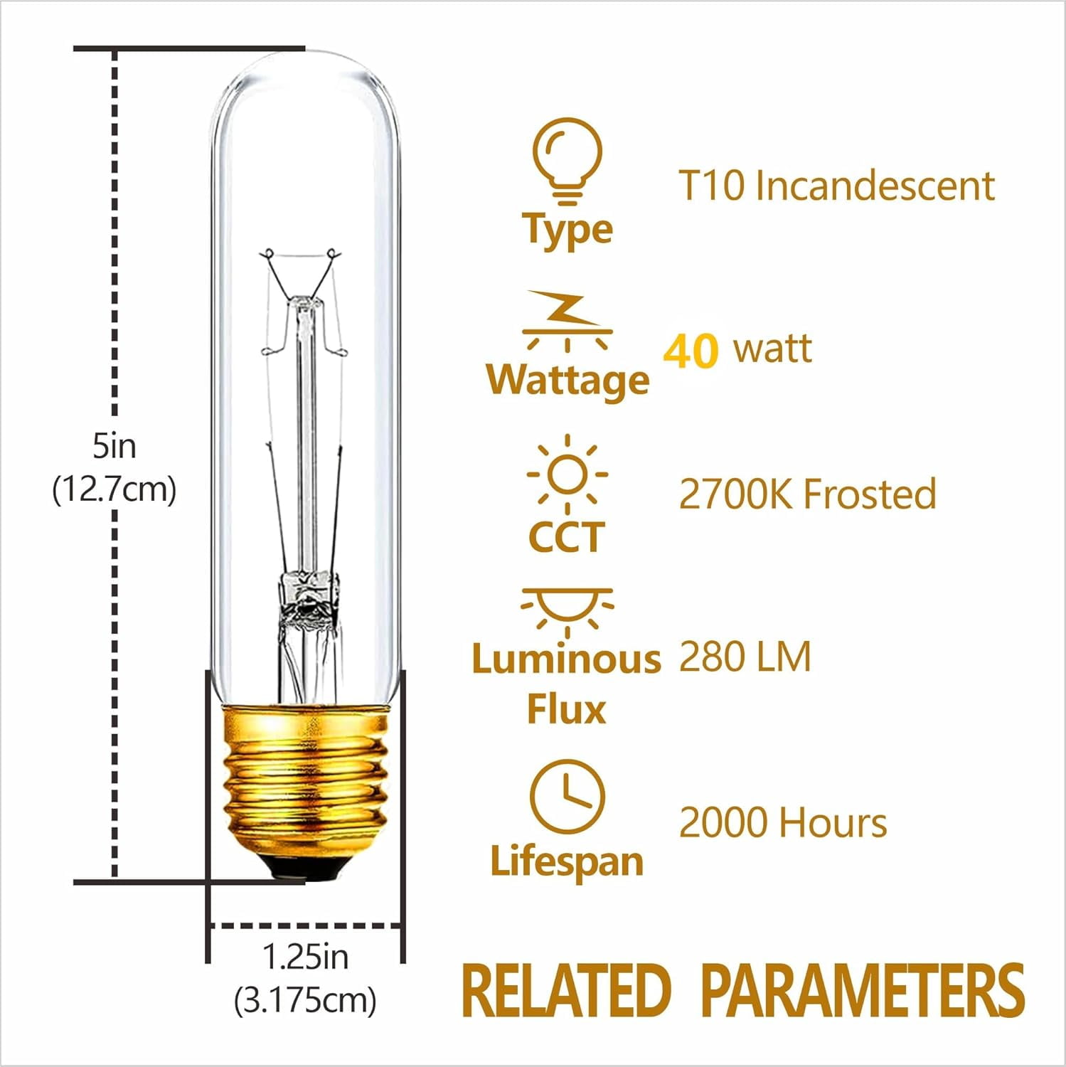 RTHG-40 Watt T10 Clear Tubular Incandescent Light Bulb, Vintage Style ...