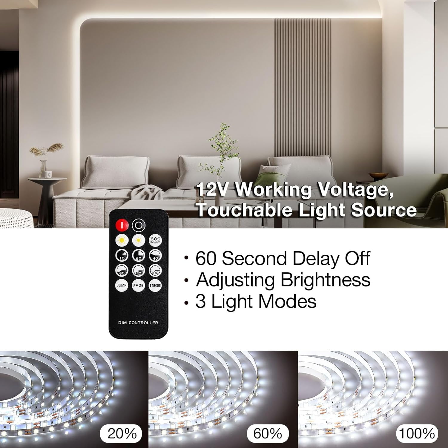 RTHG-40ft White LED Strip Lights, Upgraded 6500K Dimmable Tape Lights ...