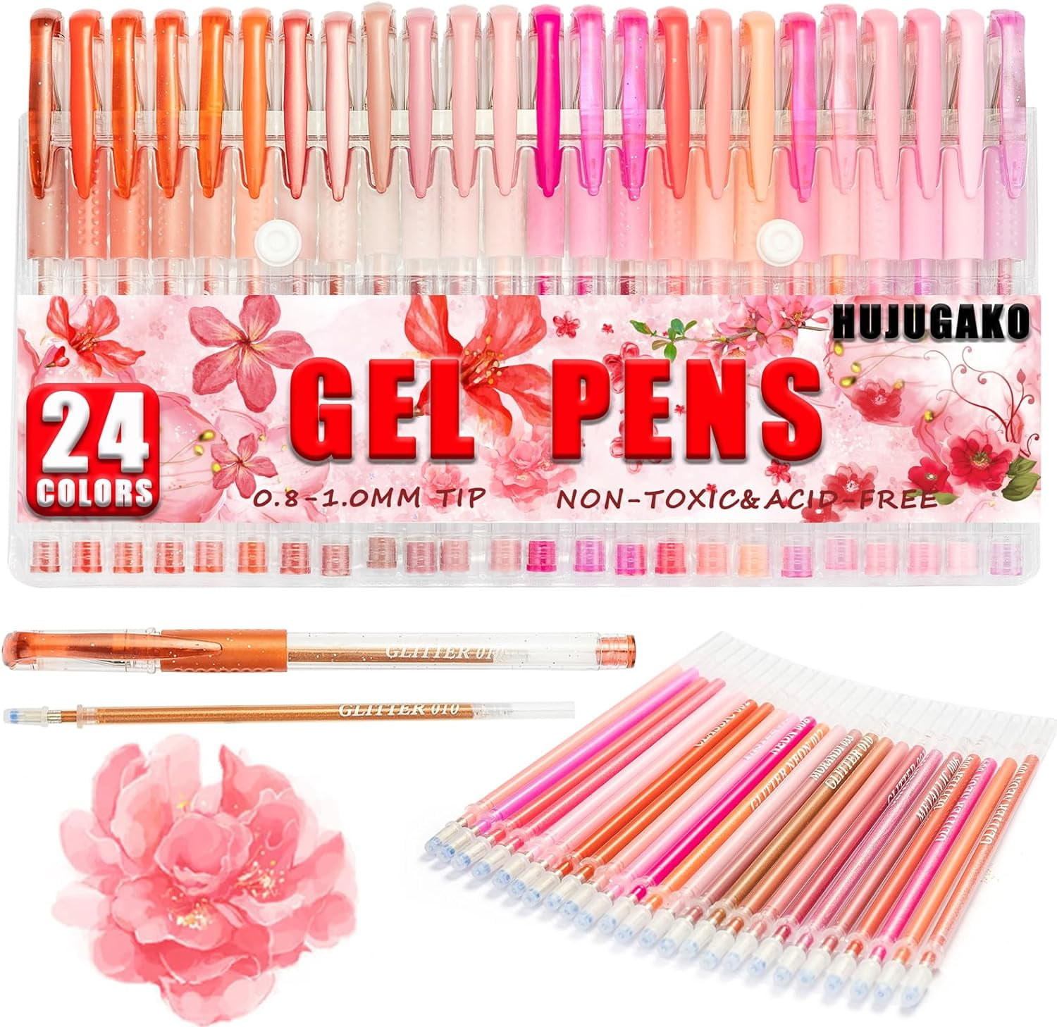 RTHG-48 Pack Red Pink Gel Pens, 24 Colored Gel Pen with 24 Refills,40% ...