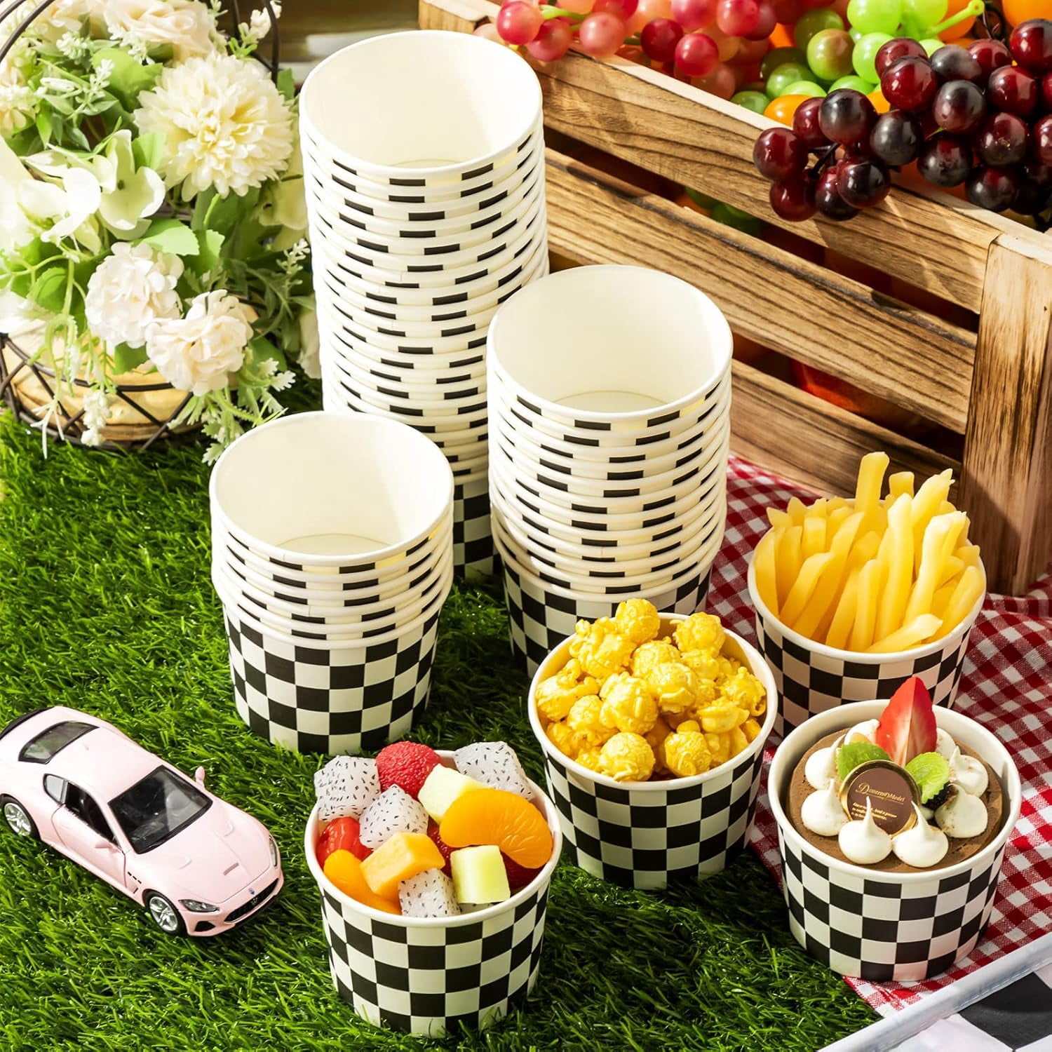 RTHG-50 Count Checkered Ice Cream Cups Disposable 9 oz Paper Ice Cream ...