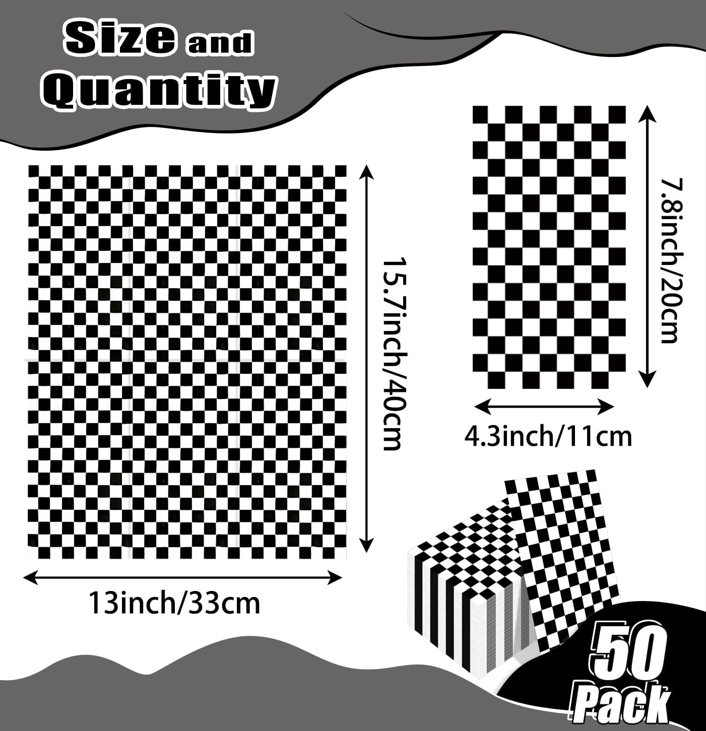 RTHG-50 Pieces 3-ply Checkered Flag Napkins Disposable Black and White ...