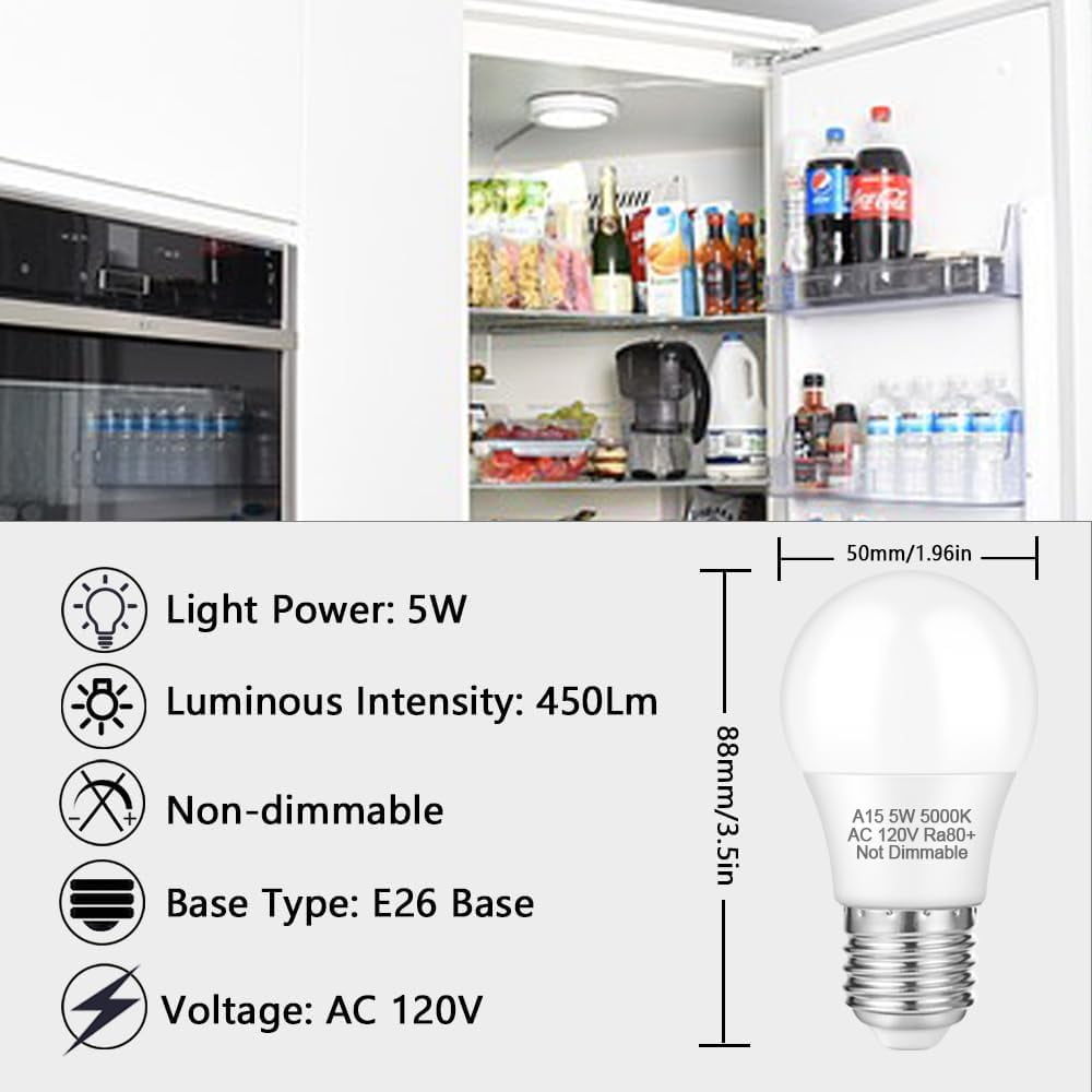 RTHG-6 Pack A15 5W 120V E26 Base LED Refrigerator Light Bulb, Non-Dimmable 50W Equivalent 5000K ...