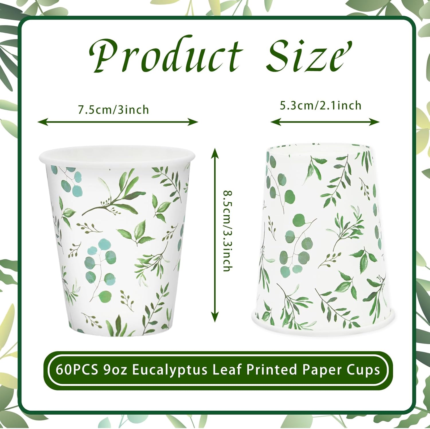 RTHG-60Pcs Greenery Paper Cups 9oz Eucalyptus Olive Leaf Disposable ...