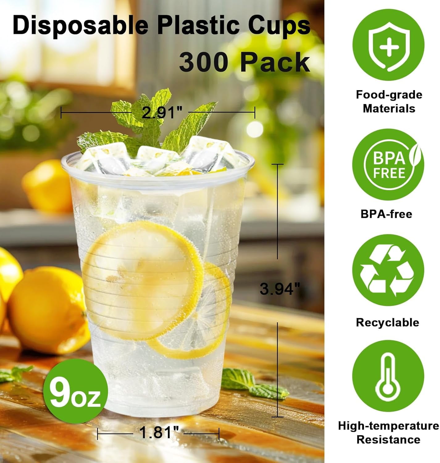 RTHG-9 oz Clear Plastic Cups, 300 Count Disposable Plastic Drinking ...