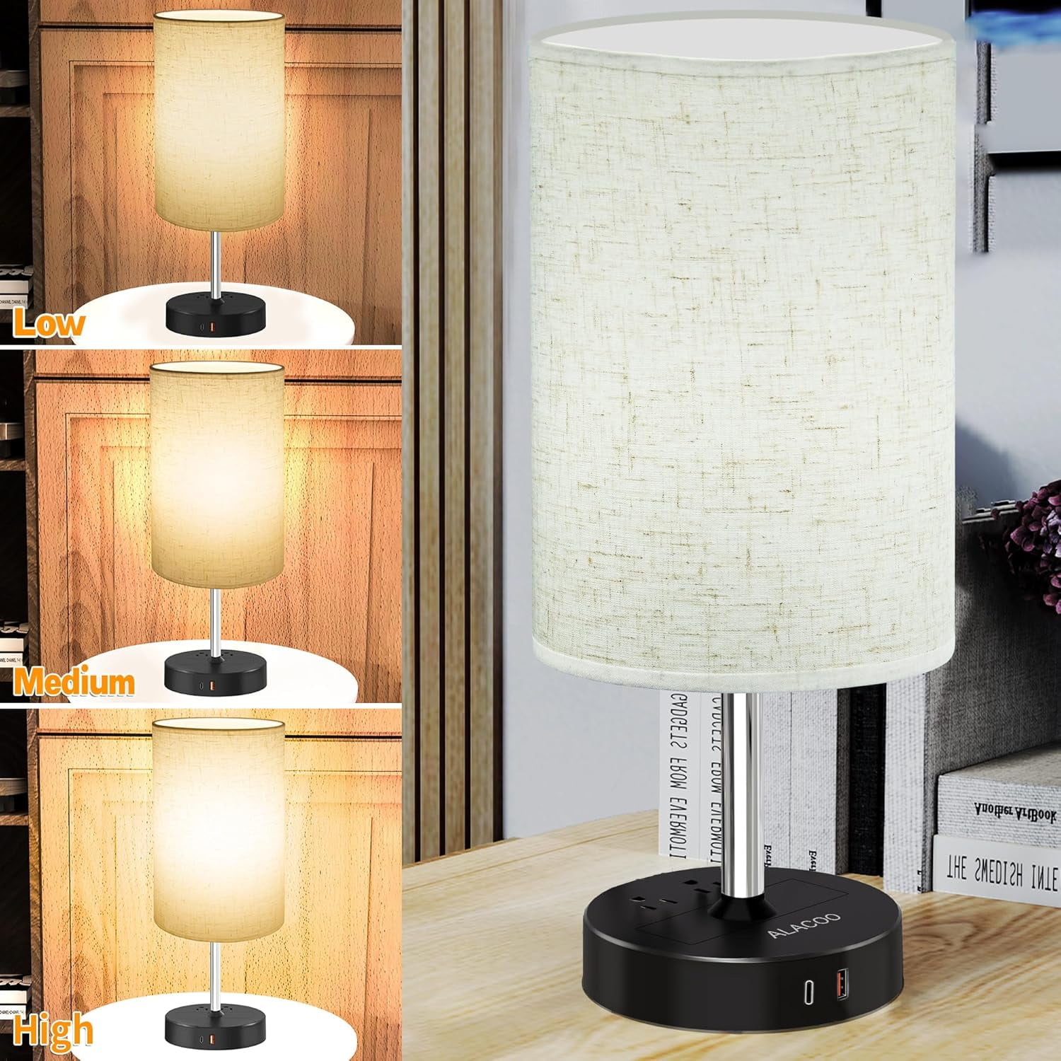 RTHG-Bedside Lamp Touch Control Table Lamp with USB C + A Charging Port ...