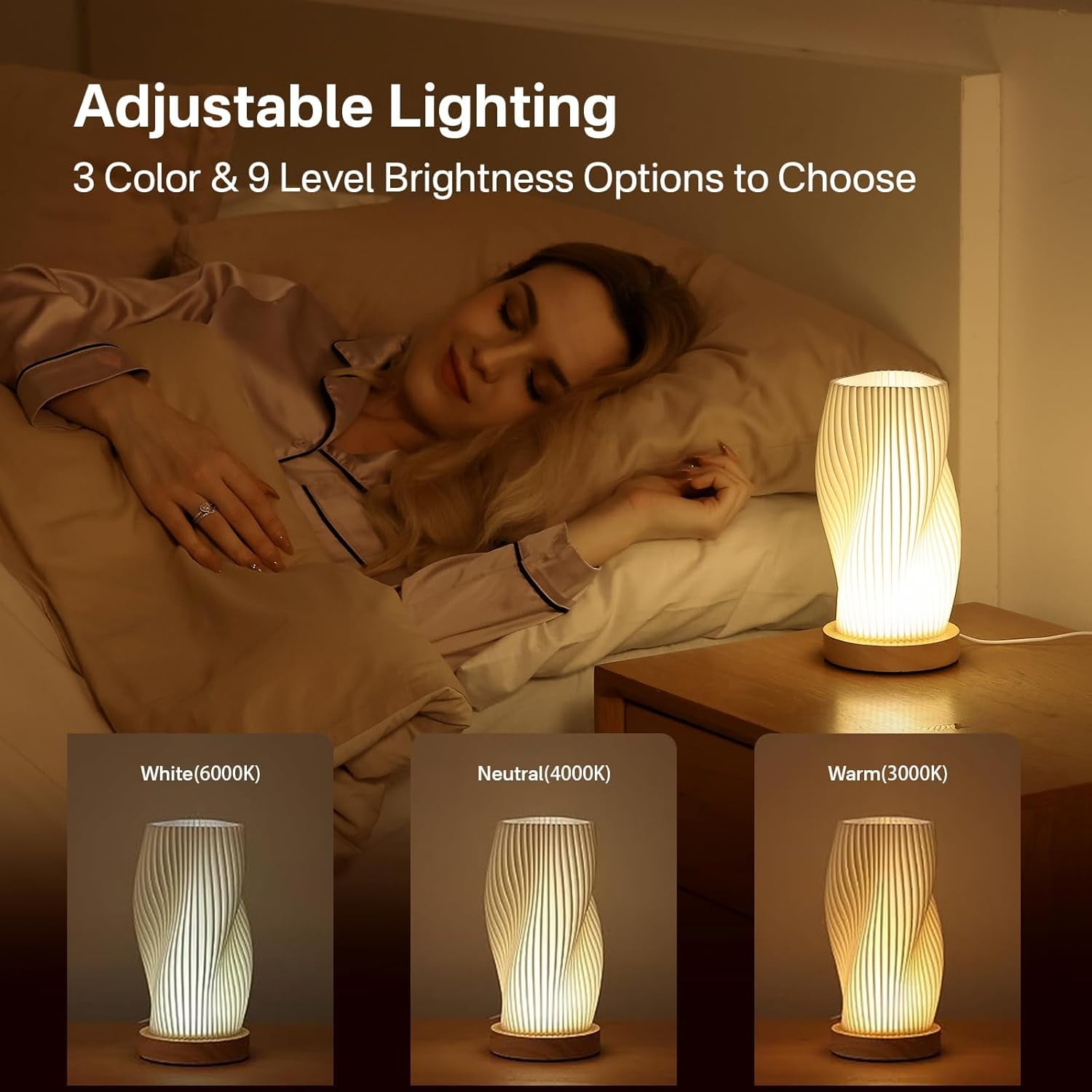 RTHG-Bedside Lamp with Woodbase - Button Control Table Lamp for Bedroom ...