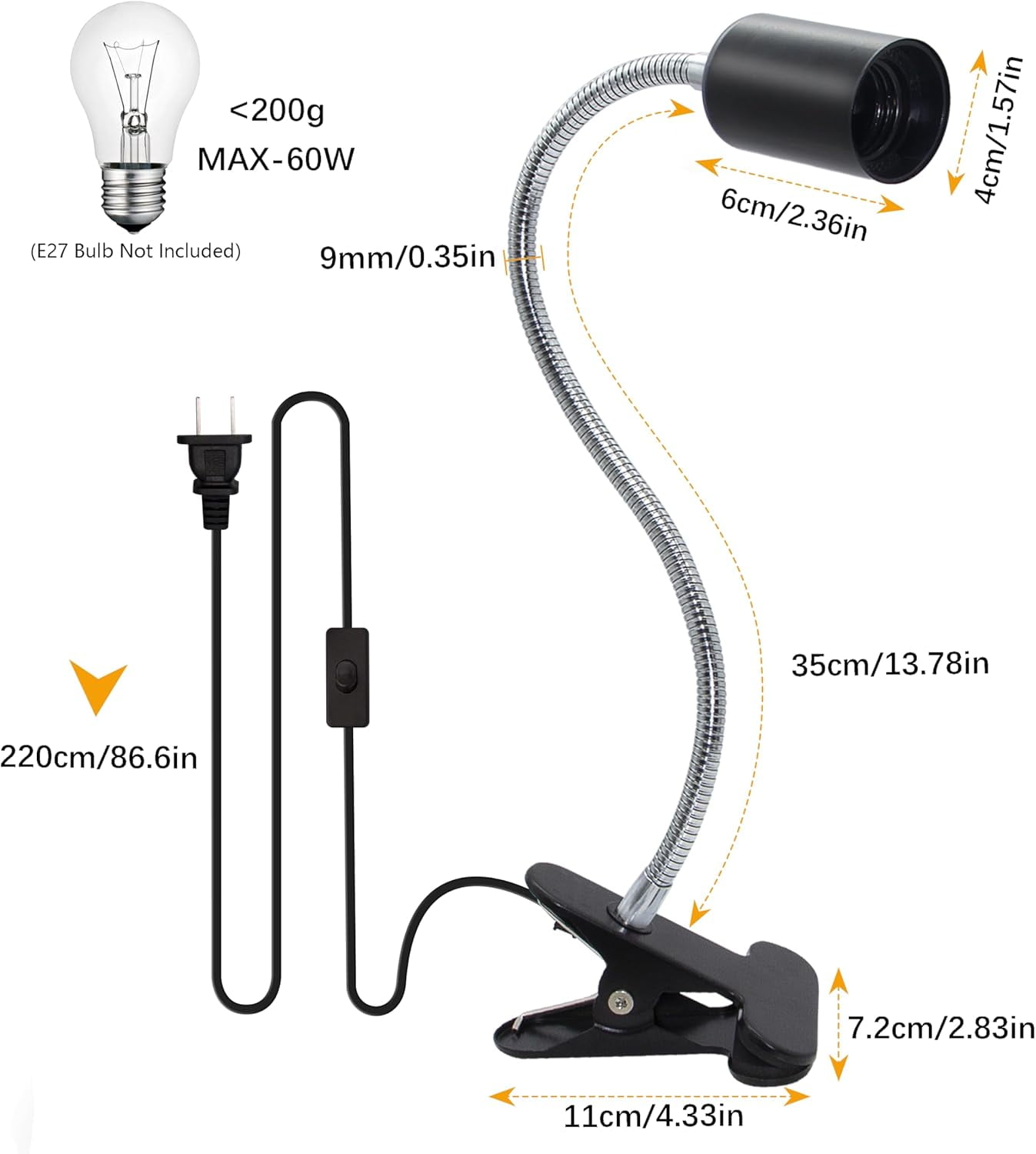 RTHG-Clip Lamp Holder Adjustable Switch Clip Light Flexible Clip lamp ...