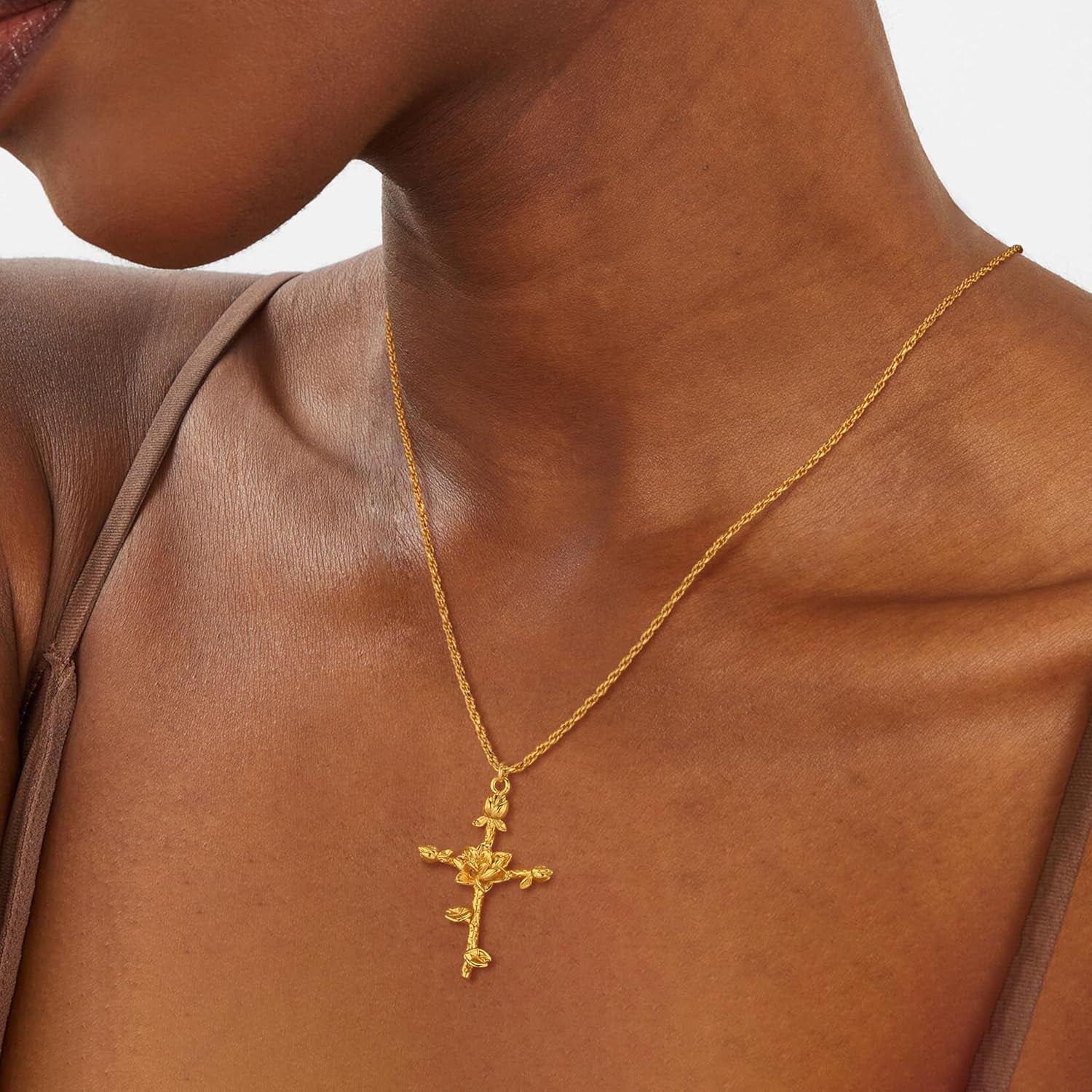 RTHG-Cross Necklace for Women 14K Gold Plated Birth Flower Necklaces ...