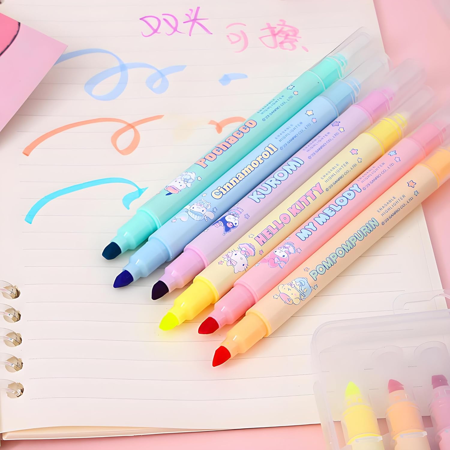 RTHG-Cute Erasable Highlighters, Dual Tip 6 Colors Kawaii Anime Cartoon ...