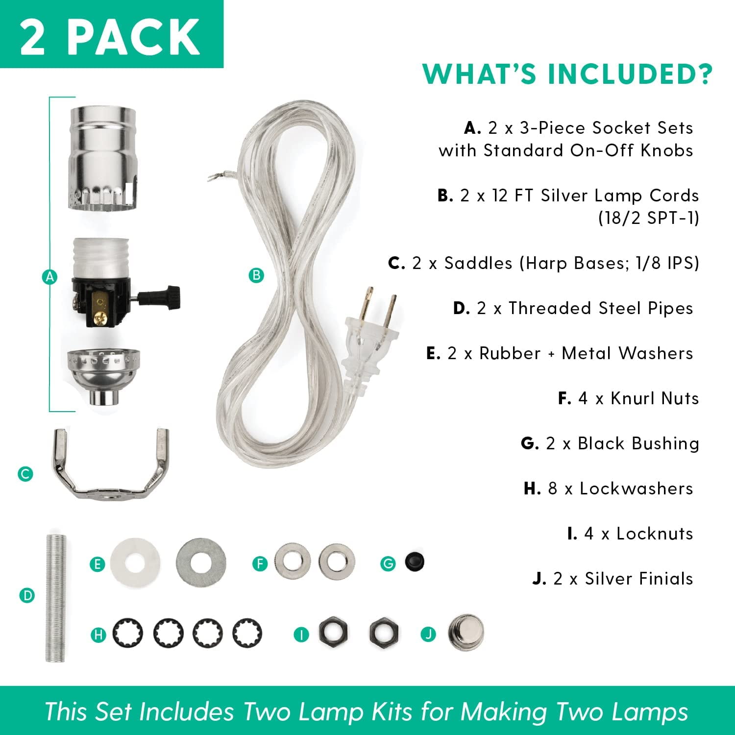 RTHG-DIY Lamp Wiring Kit, Silver Socket & 12FT Silver Cord (2 Pack ...