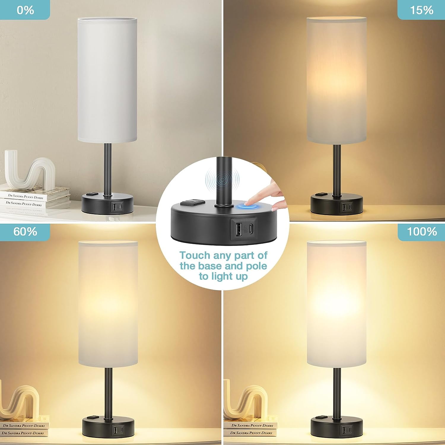 RTHG-Grey Touch Bedside Lamp for Bedroom - 3 Way Dimmable Table Lamp ...